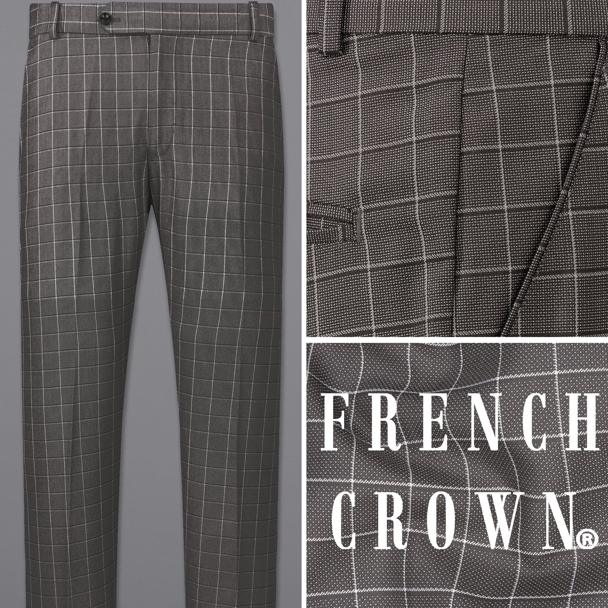 Mortar Gray Checks-Plaid Regular Fit Terry-rayon Pant For Men