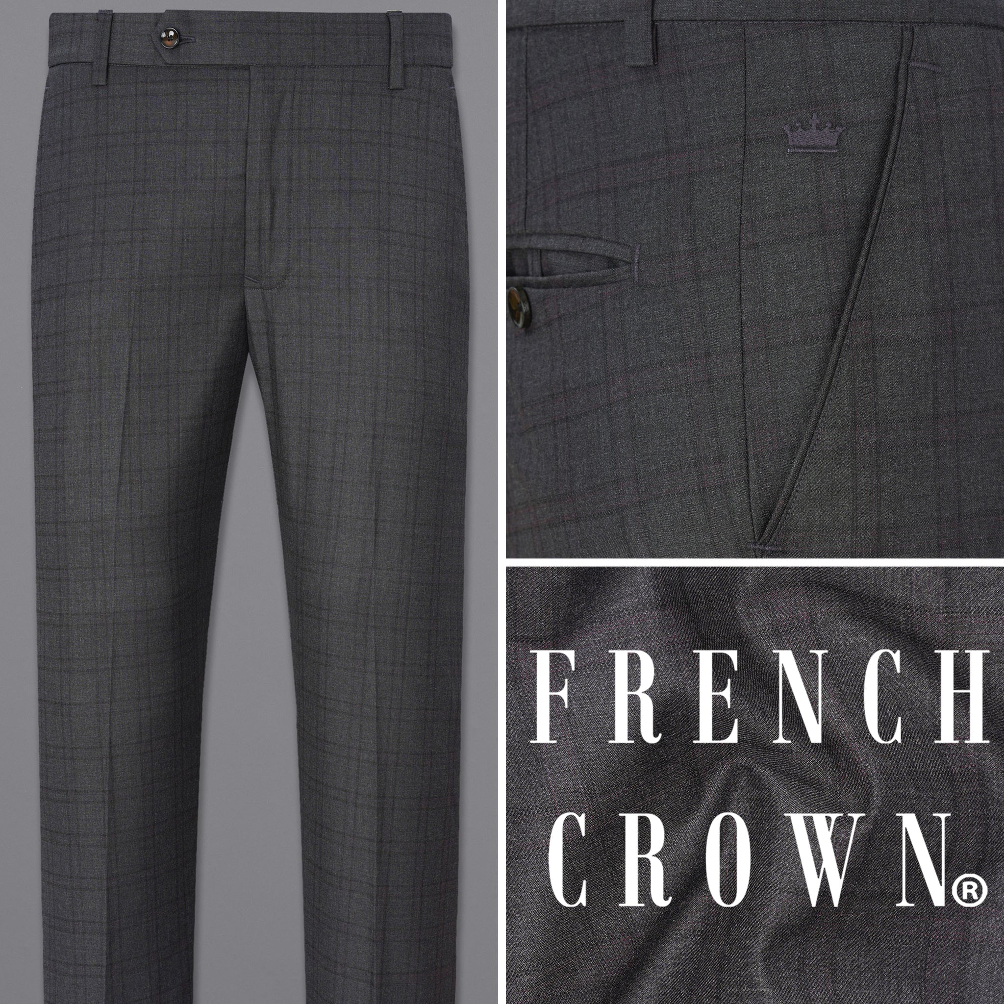 Gravel Gray Checks-Plaid Regular Fit Terry Rayon Pants For Men