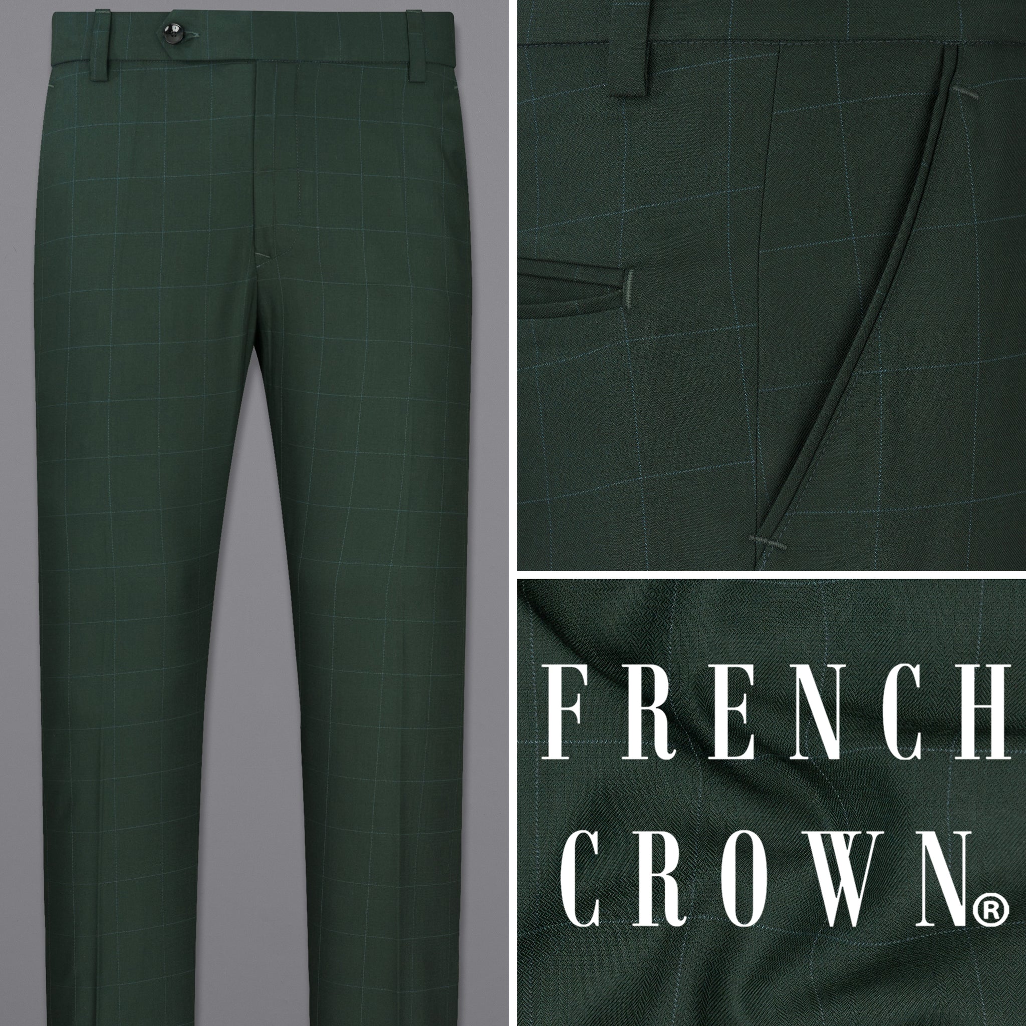 Gunmetal Green Checks-Plaid Regular Fit Terry-Rayon Pant For Men