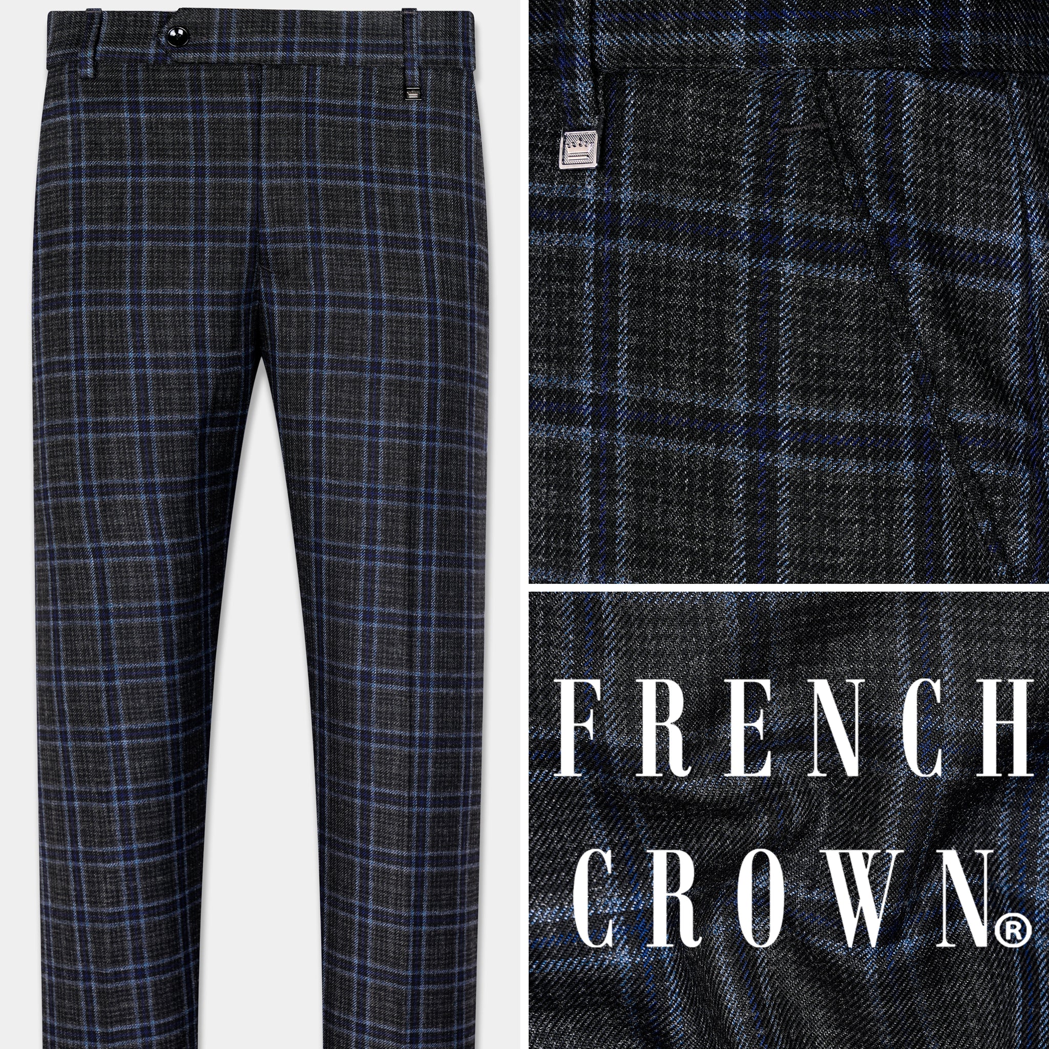 Bleached Black and Marine Blue Checks-Plaid Premium Wool-Blend Pant For Men