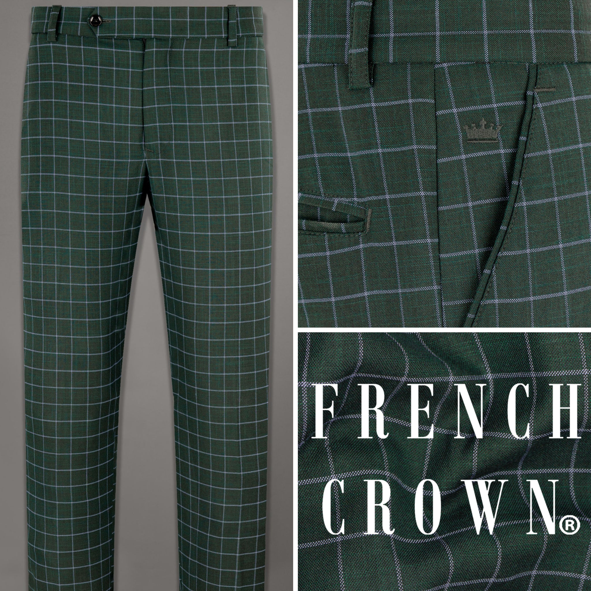 Cable Green Checks-Plaid Regular Fit Wool-Blend Pants For Men