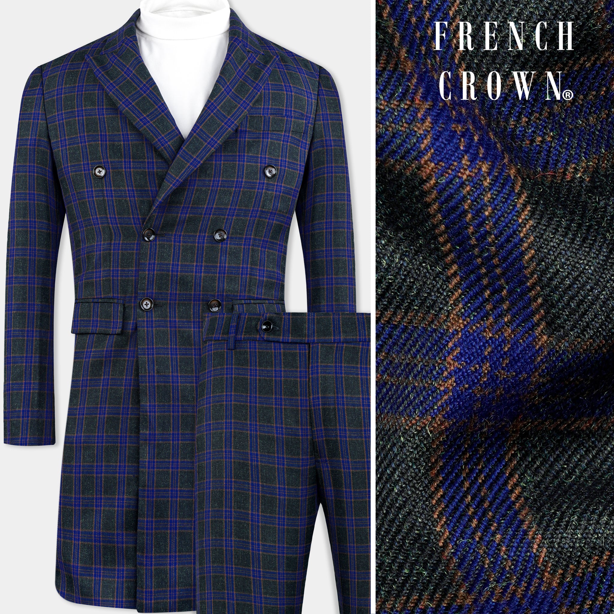 Zodiac Blue and Piano Black Checks-Plaid Premium Wool Blend Double ...