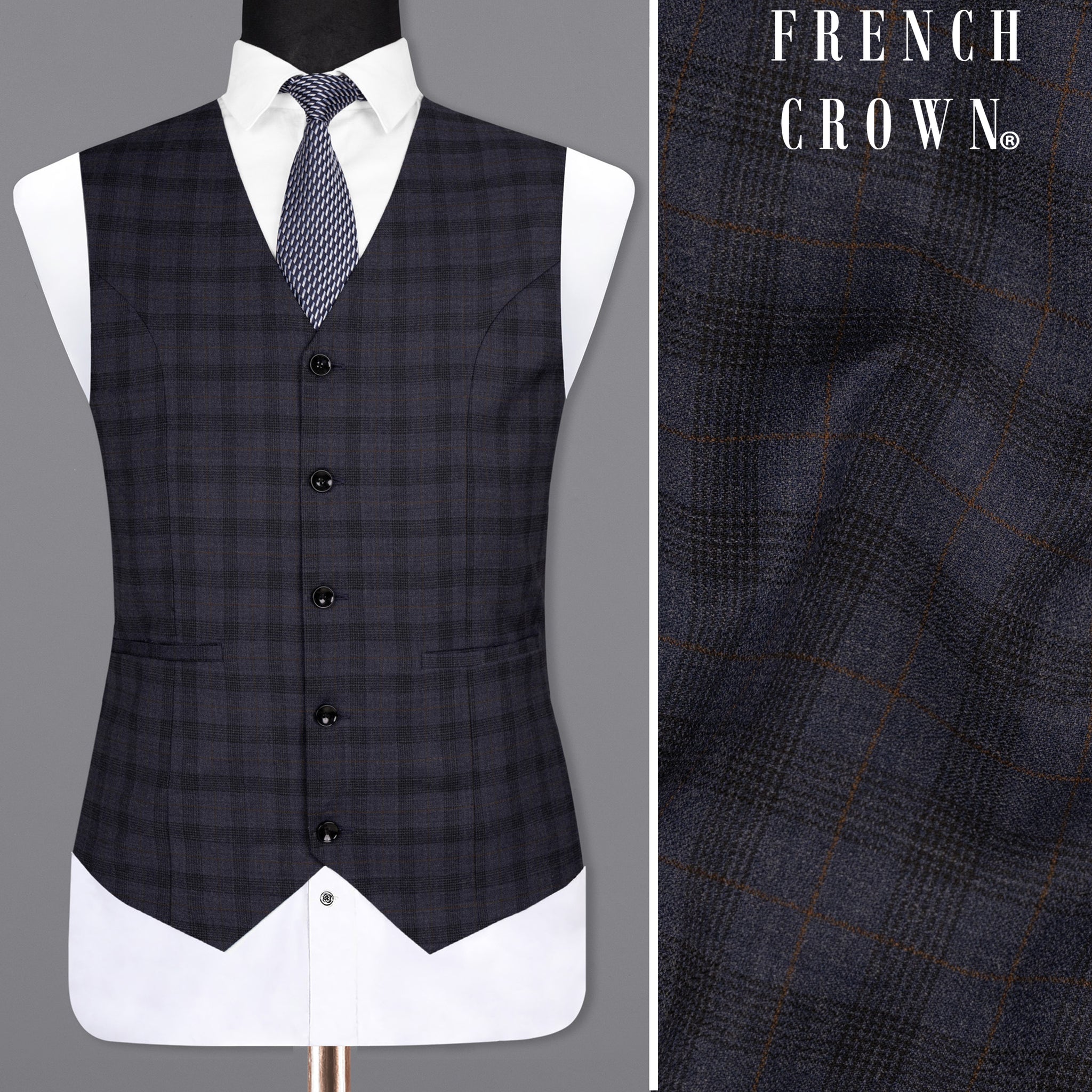 Tuna Blue Checks-Plaid Premium Wool Blend Waistcoats For Men