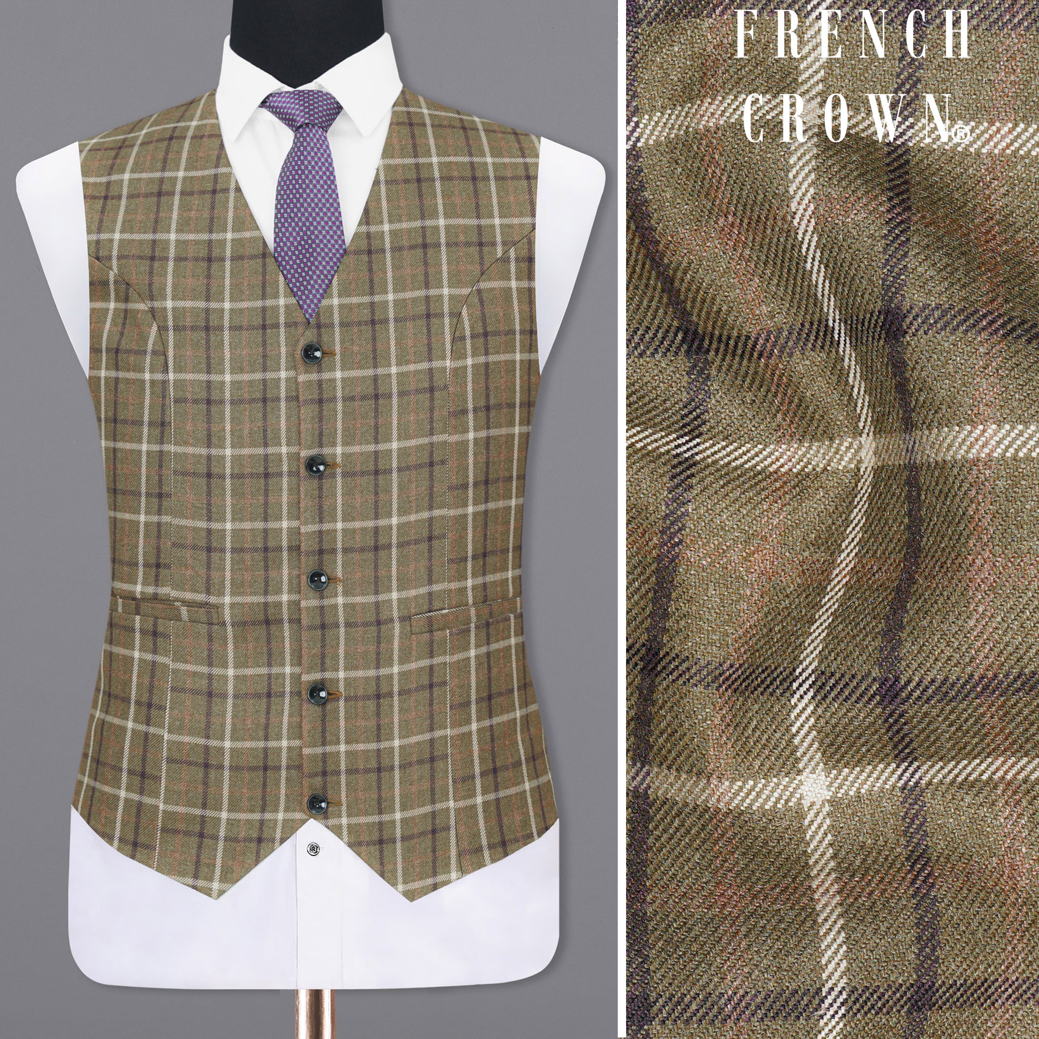 Sandstone Brown Checks-Plaid Premium Terry Rayon Waistcoats For Men