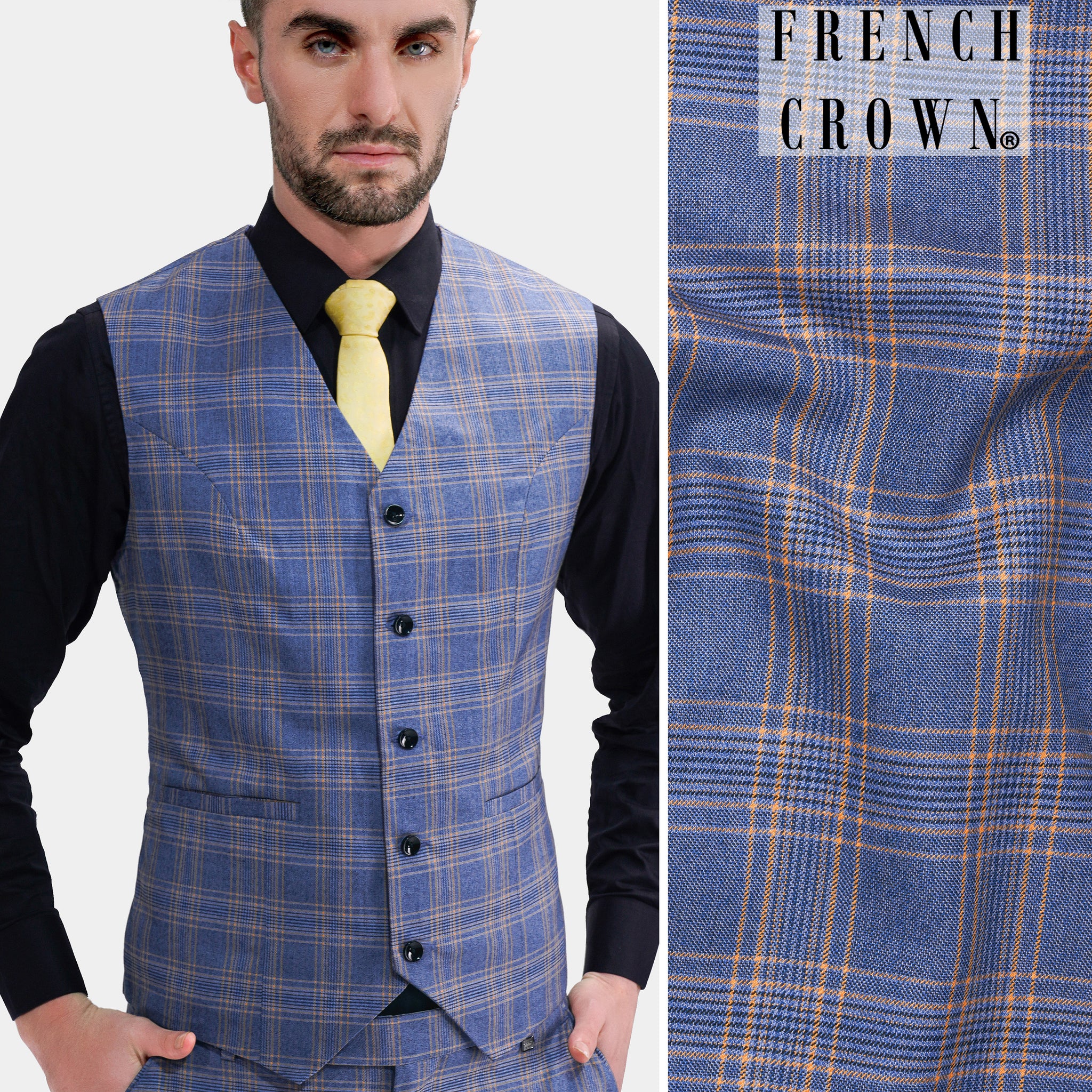 Waikawa Blue Checks-Plaid Premium Wool-Blend Wedding Waistcoats For Men.