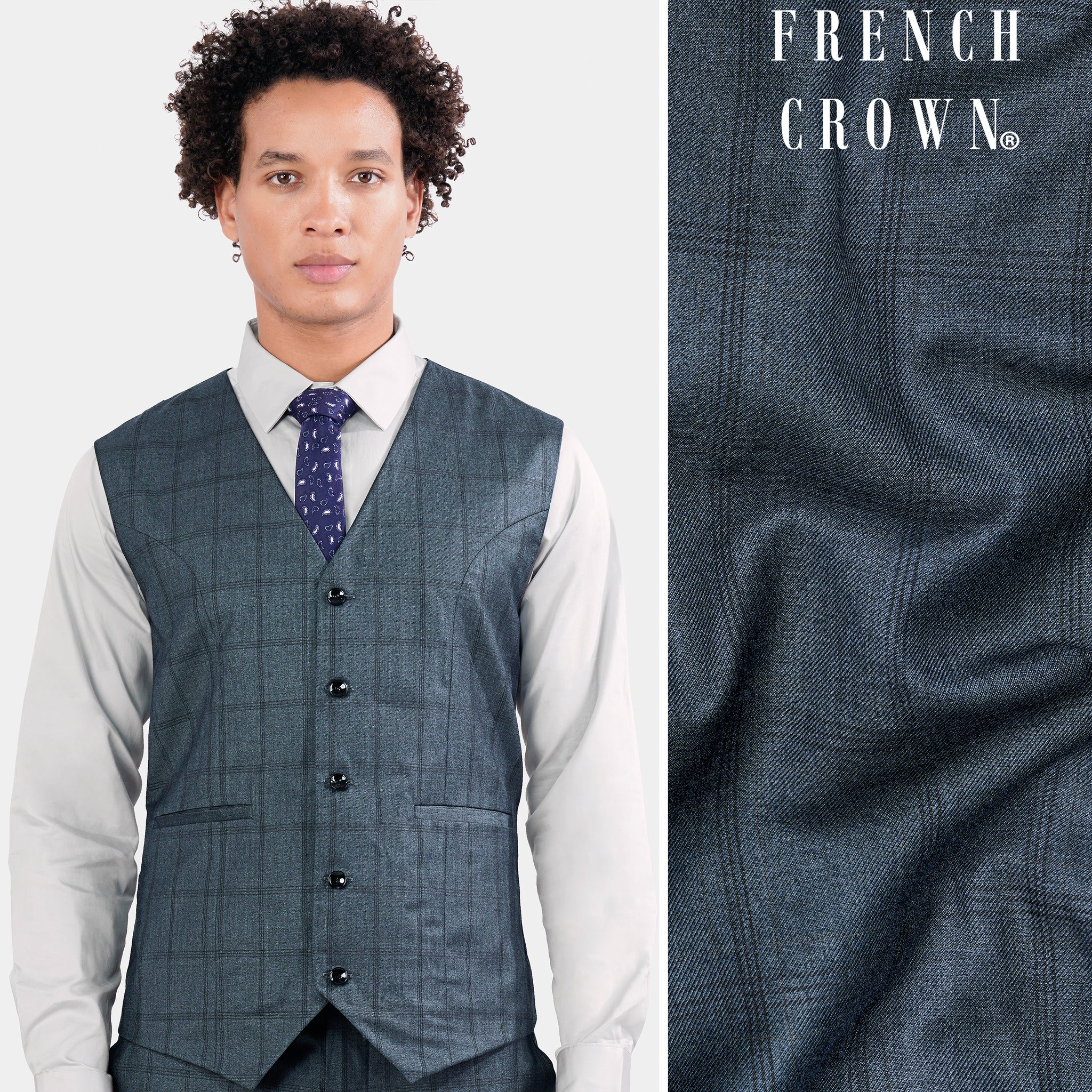 Bayoux Gray Checks-Plaid Premium Wool-Blend Wedding Waistcoats For Men.