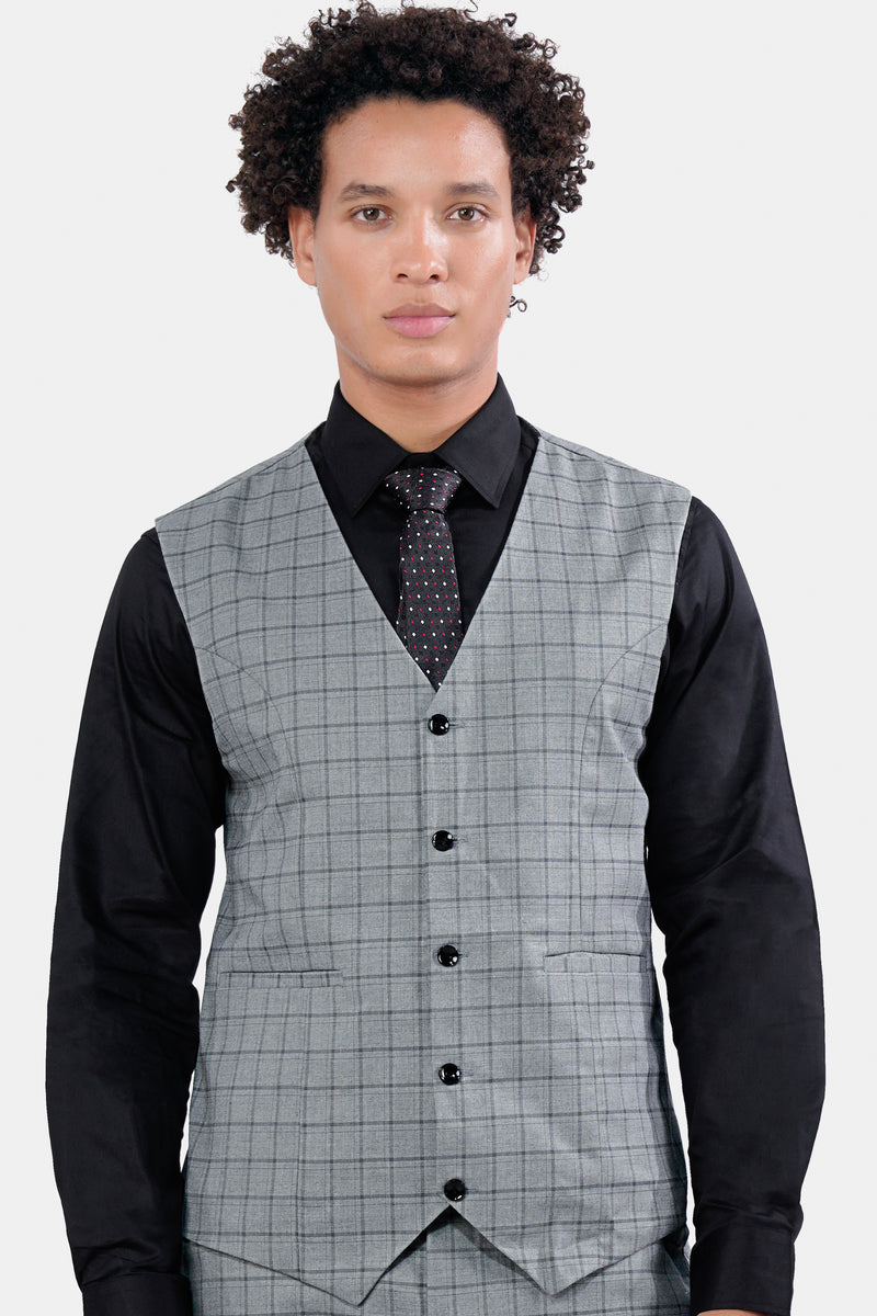 Boulder Gray Checks-Plaid Premium Wool Blend Wedding Waistcoats For Men.