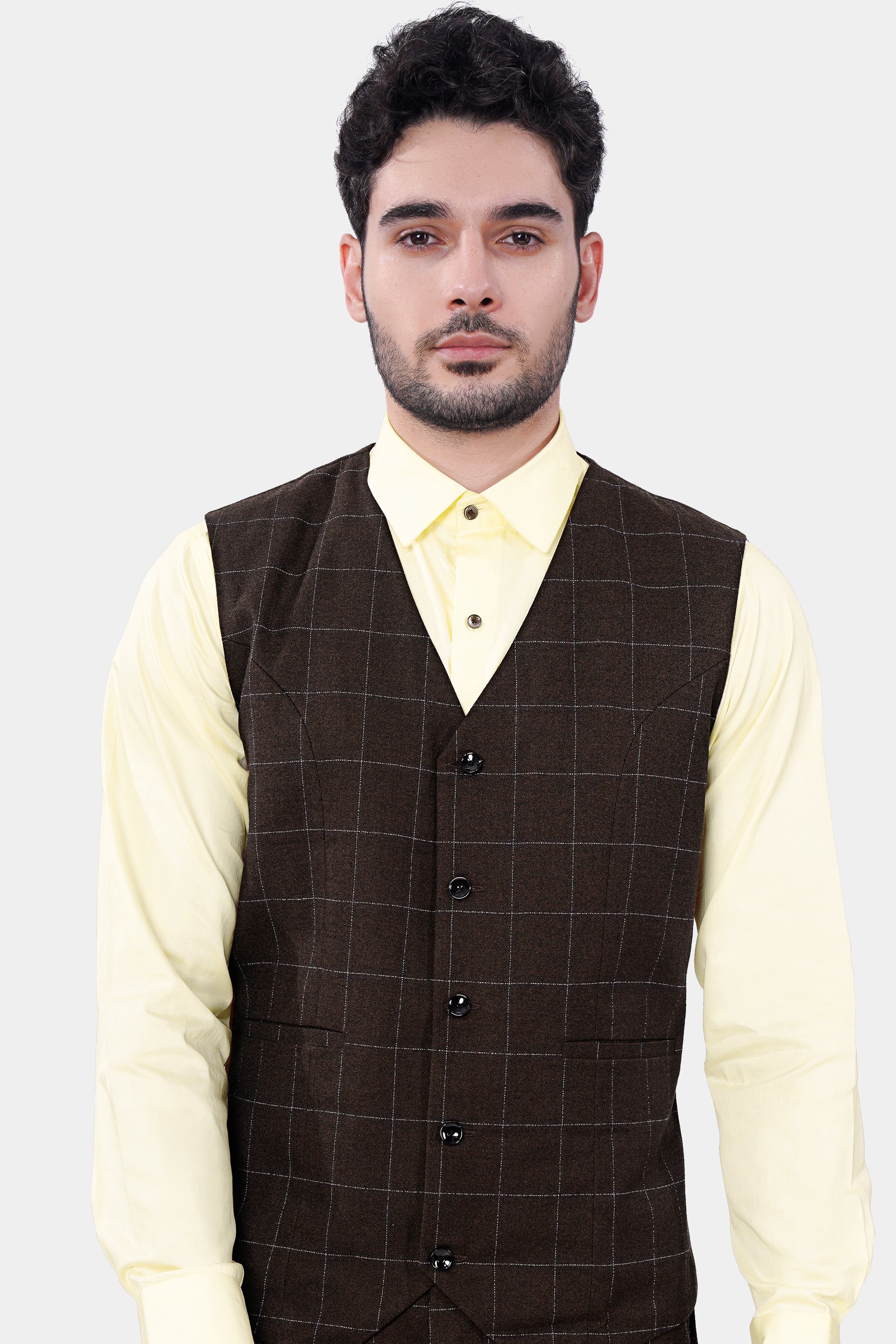 Chicory Brown Checks-Plaid Premium Wool-Blend Wedding Waistcoats For Men.