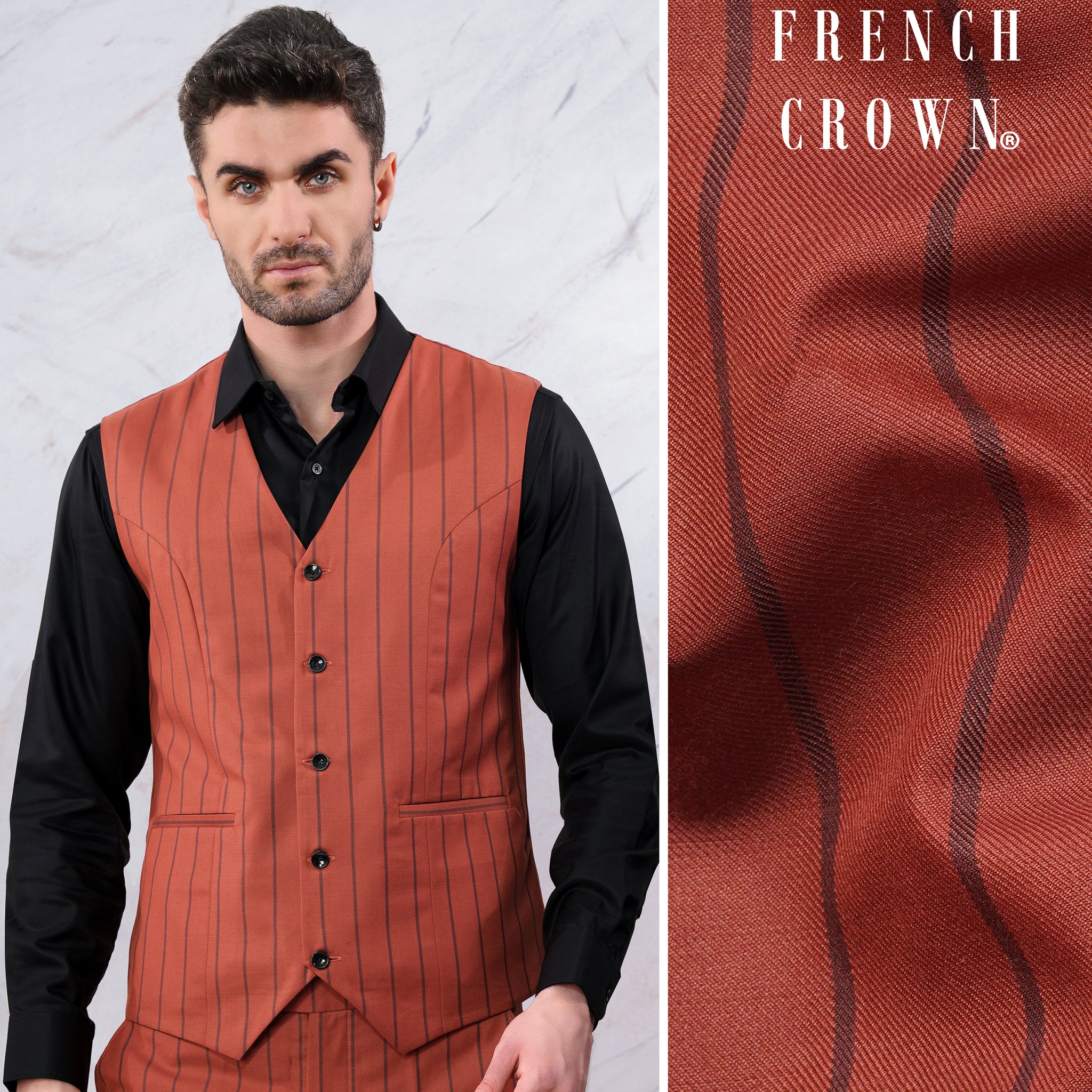 Mojo Red Stripes Premium Wool Blend Wedding Waistcoats For Men.
