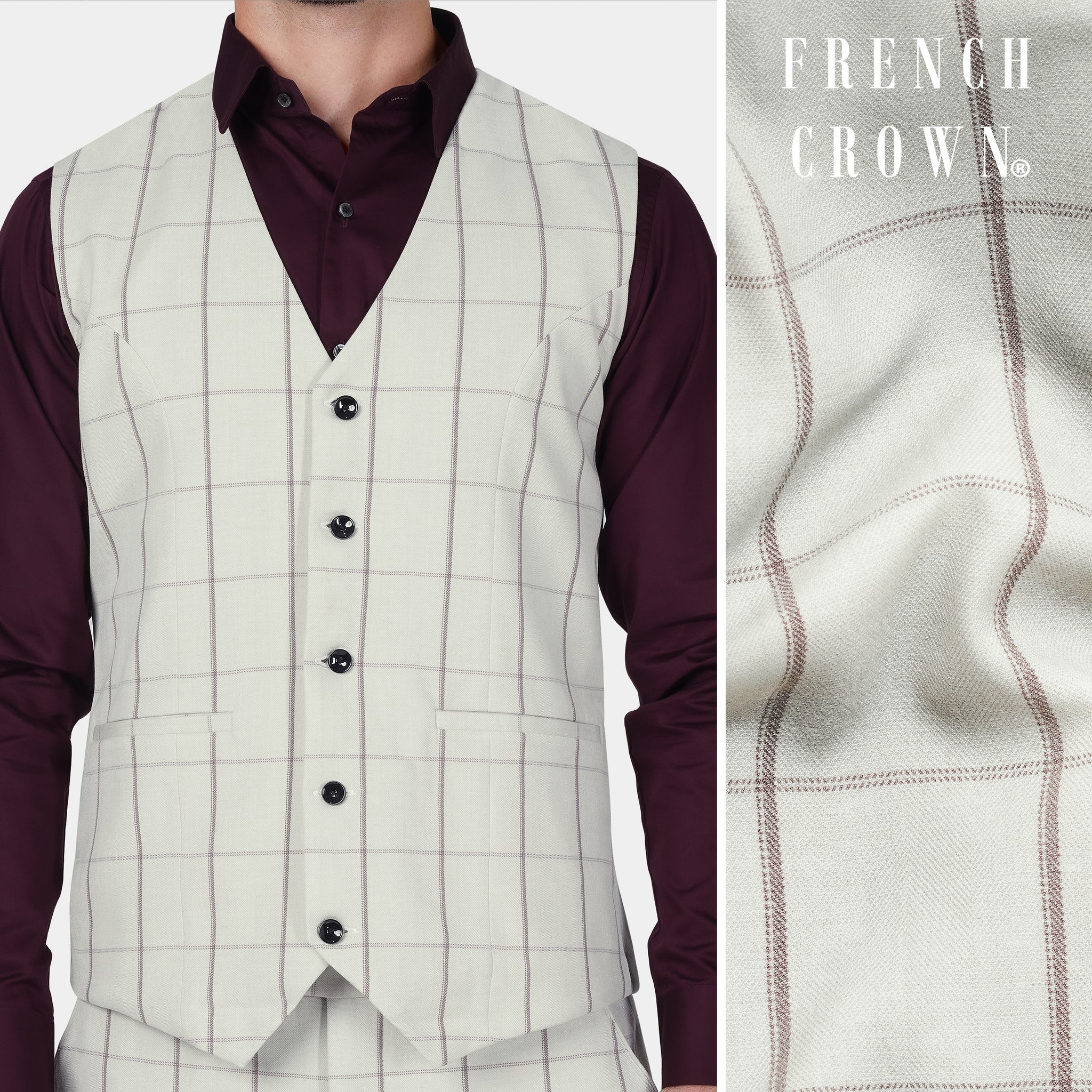 Iron Cream Checks-Plaid Premium Wool-Blend Wedding Waistcoats For Men.