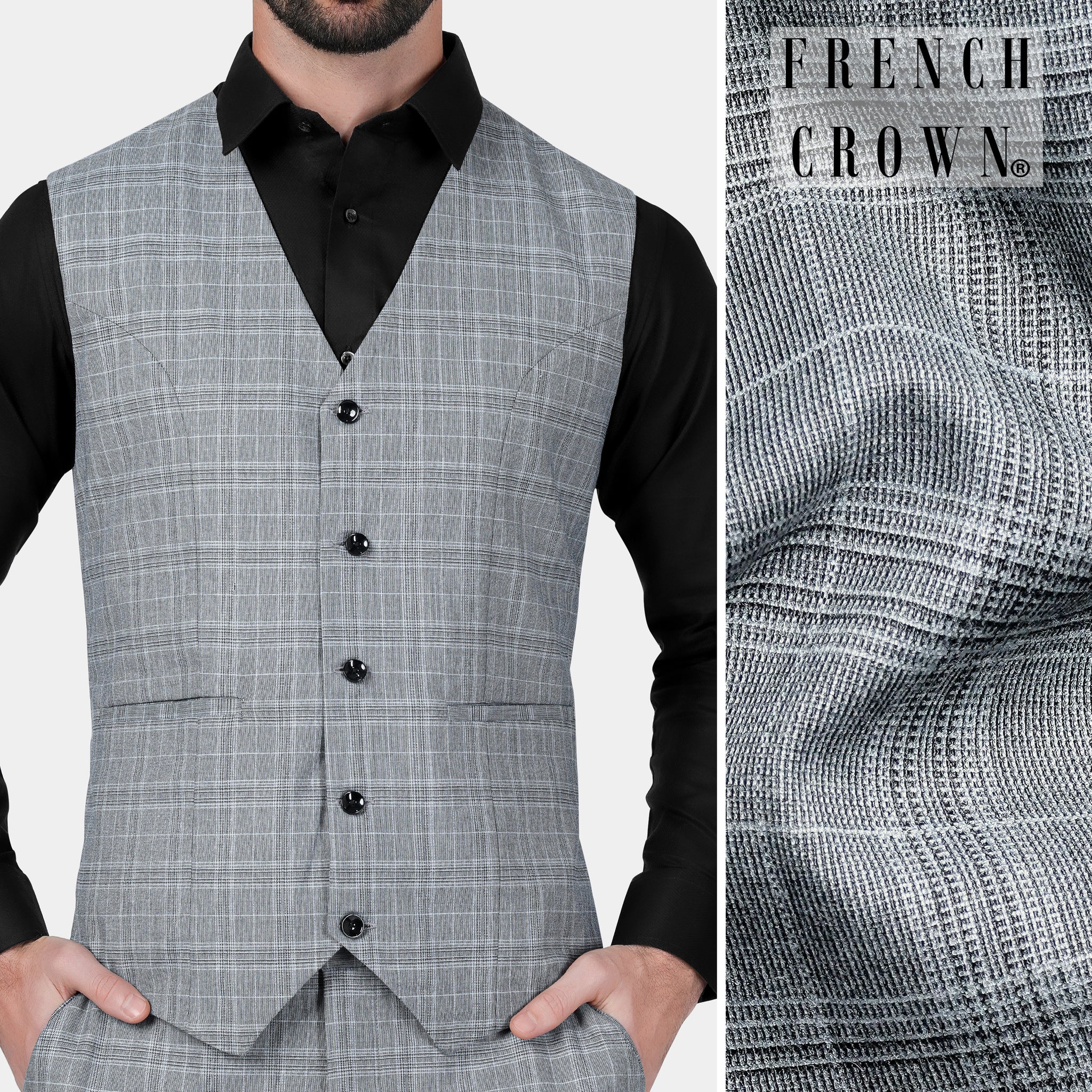 Dawn Gray Checks-Plaid Premium Wool Blend Wedding Waistcoats For Men.