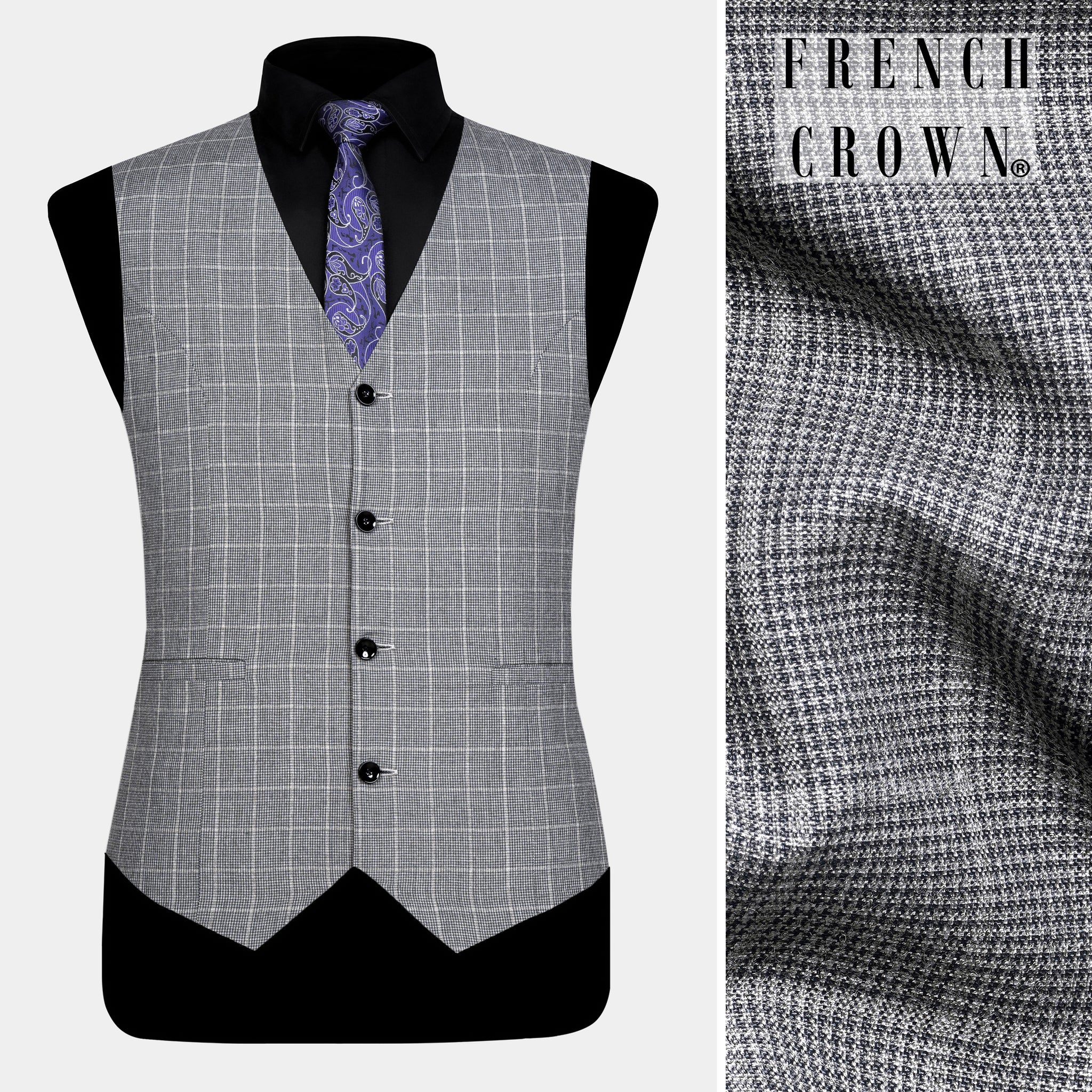 Boulder Gray Checks-Plaid Premium Wool Blend Wedding Waistcoats For Men.