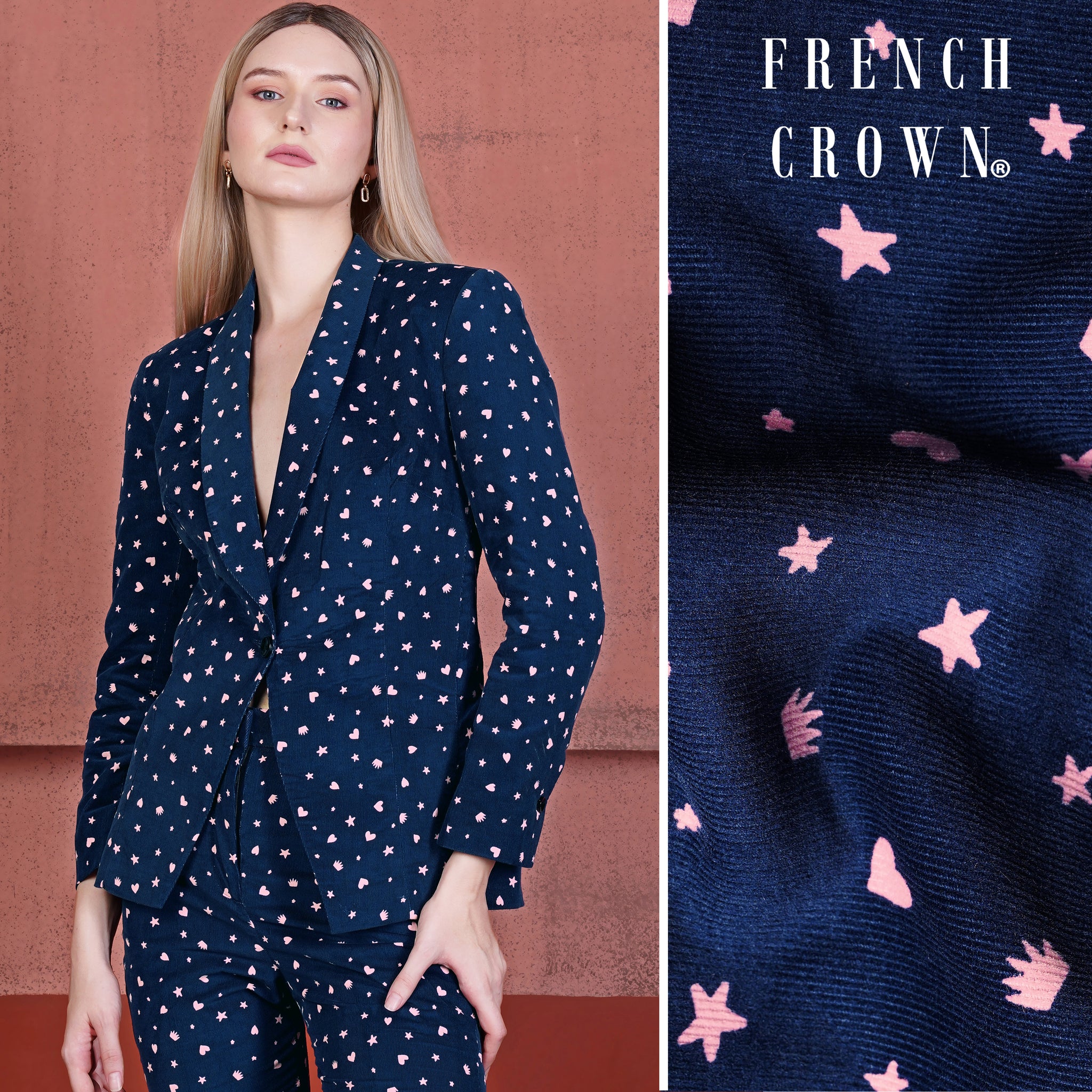 Downriver Blue and Cavern Pink Prints Premium Cotton Tuxedo Blazer for ...