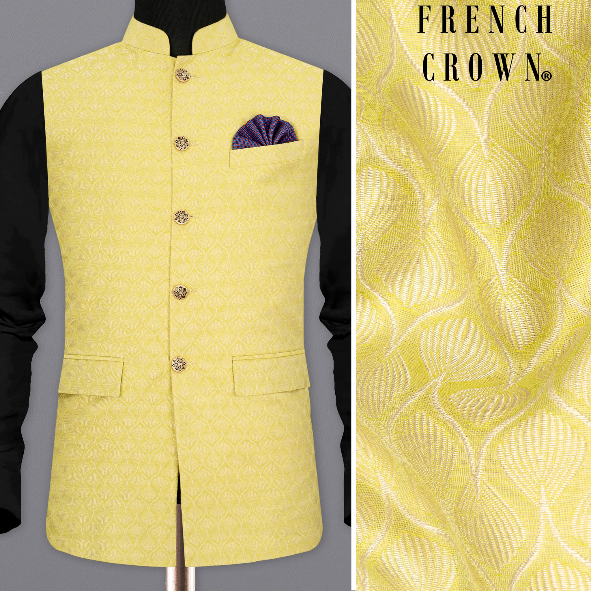 Confetti Yellow Textured Premium Wool-Blend Nehru-Jackets For Men