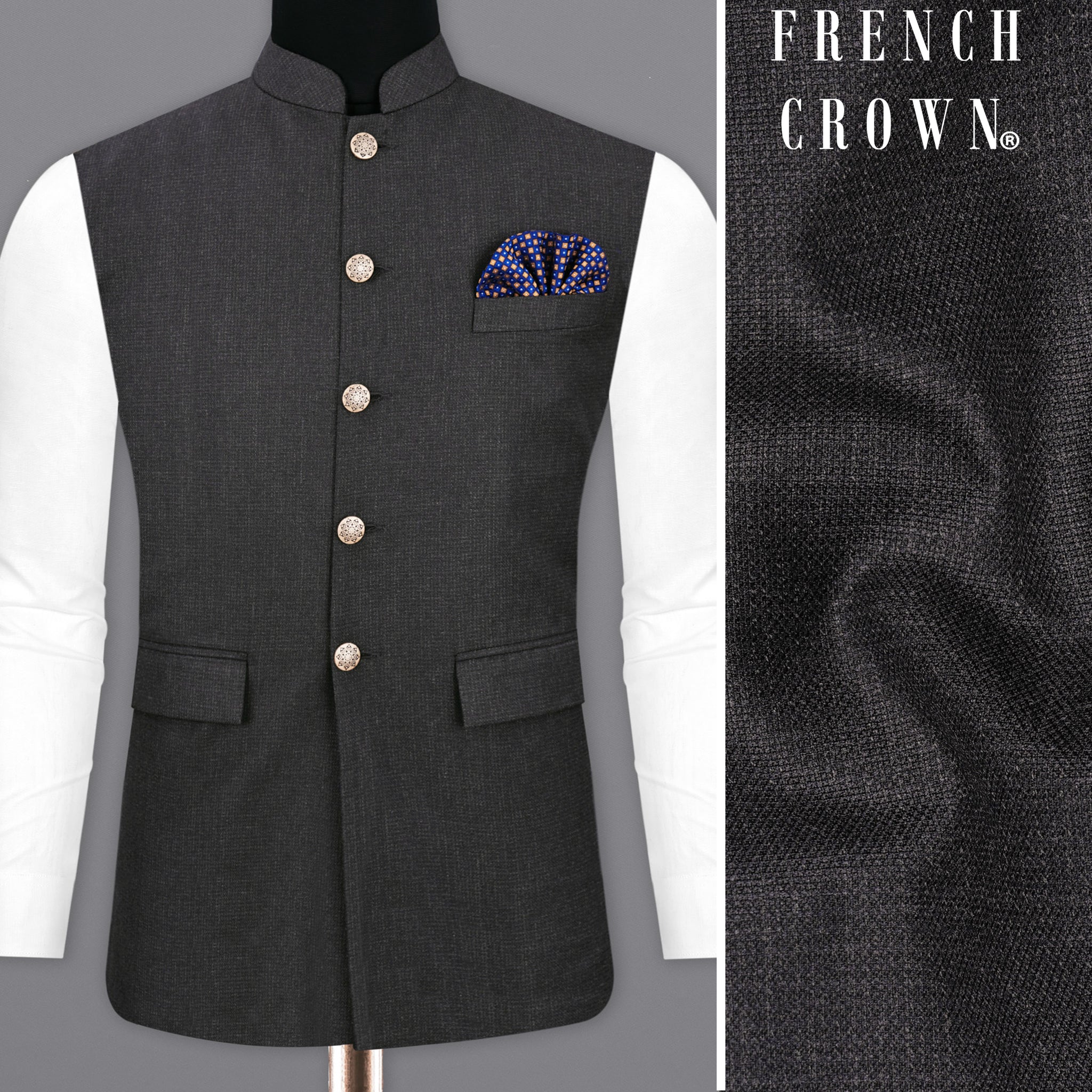 Piano Black Textured Premium Terry Rayon Nehru Jackets For Men