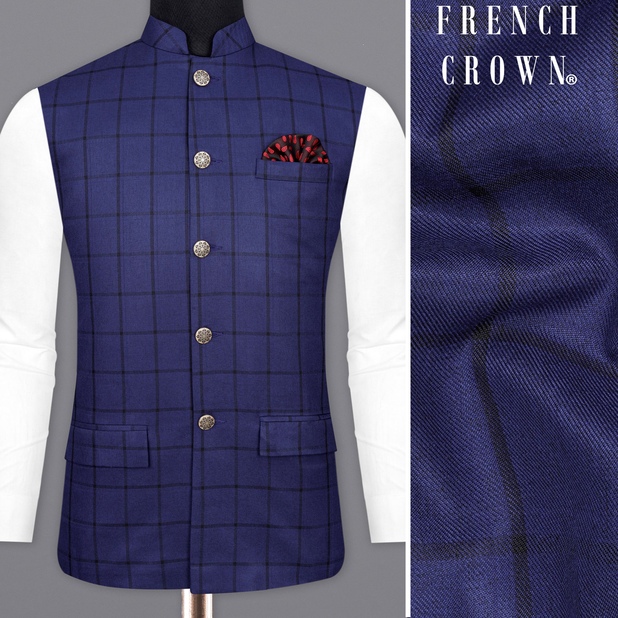 Zodiac Dark Blue Checks-Plaid Premium Terry Rayon Nehru Jackets For Men