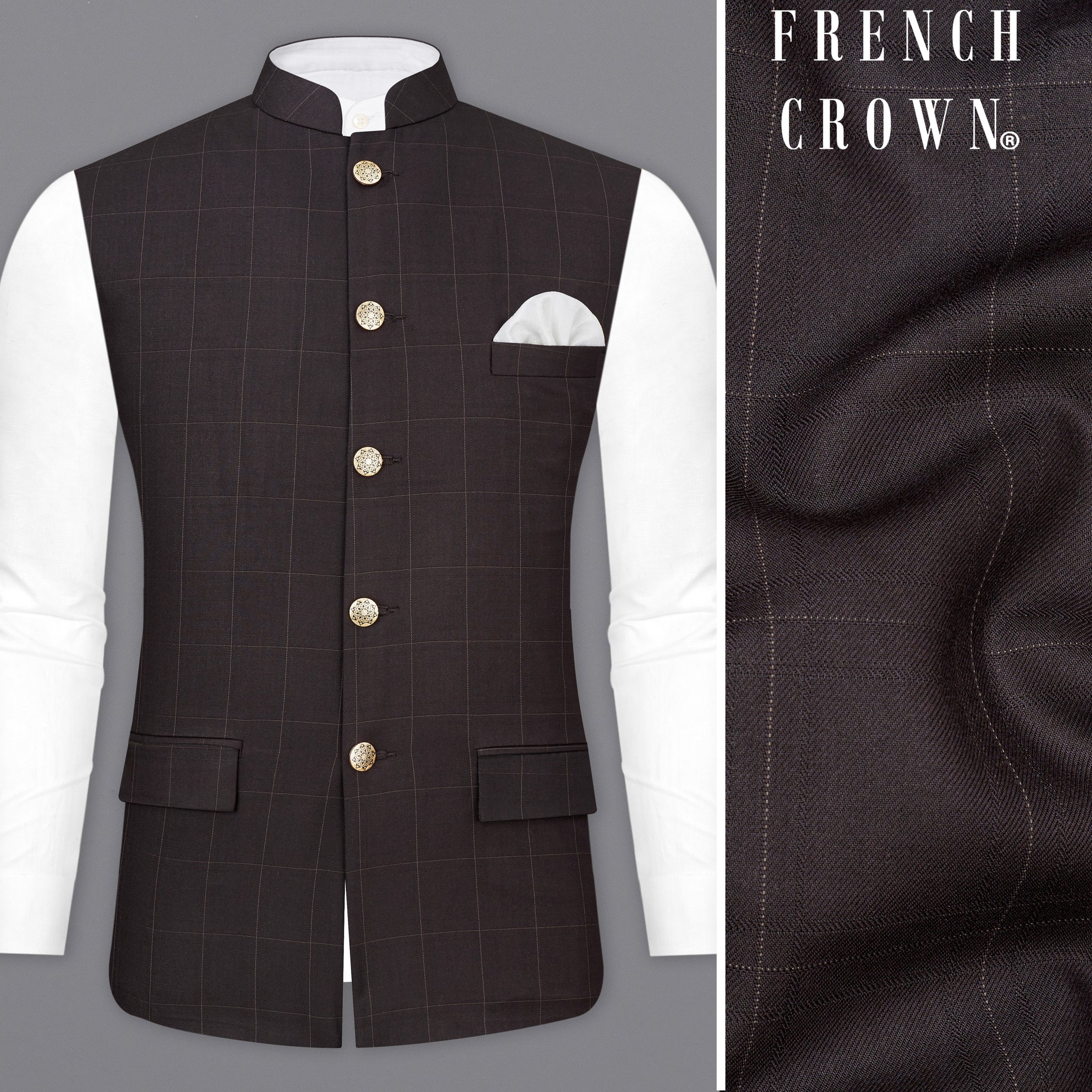 Piano Brown Checks-plaid Premium Terry-Rayon Wedding Nehru Jacket For Men.