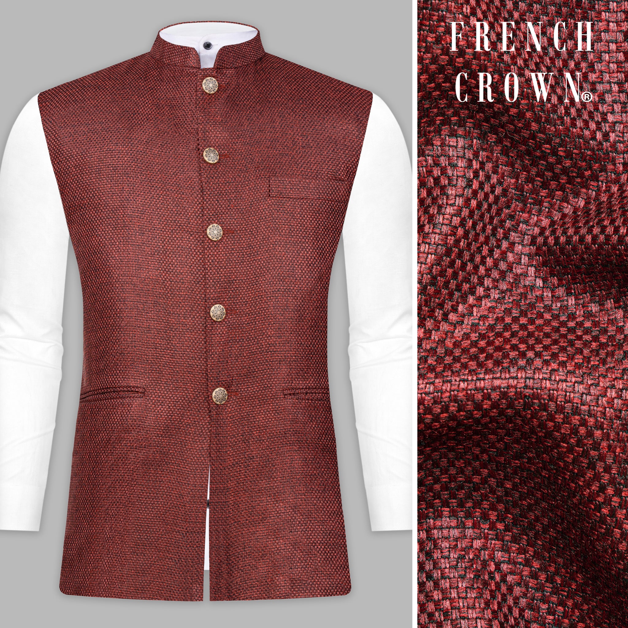 Merlot Red Textured Premium Polyester Wedding Nehru Jackets For Men.