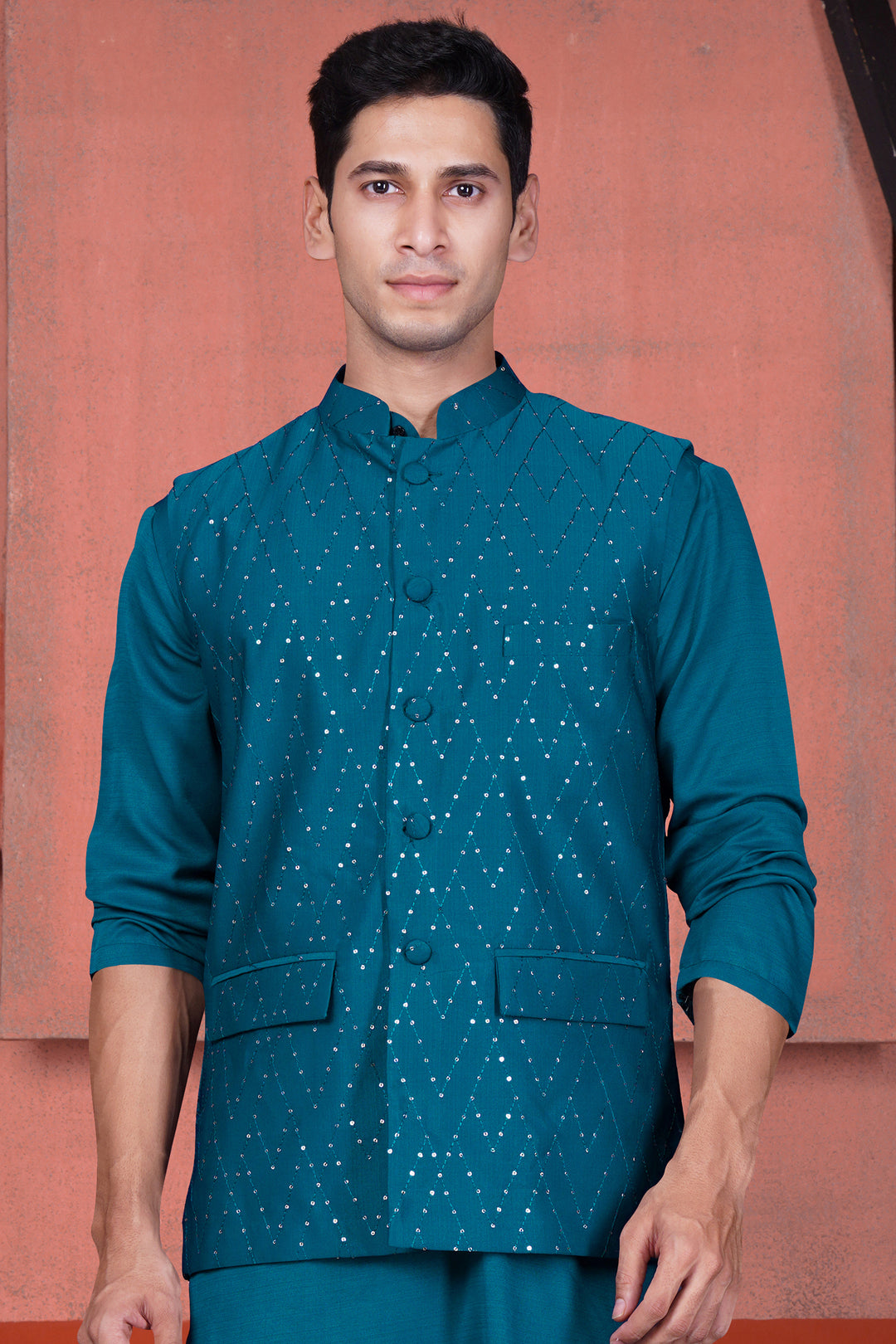 Venice Blue Textured Premium Polyester Designer Nehru Jacket For Men