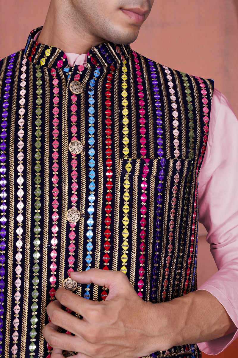 Ebony Blue and Cerise Pink Textured Premium Polyester Designer Nehru ...