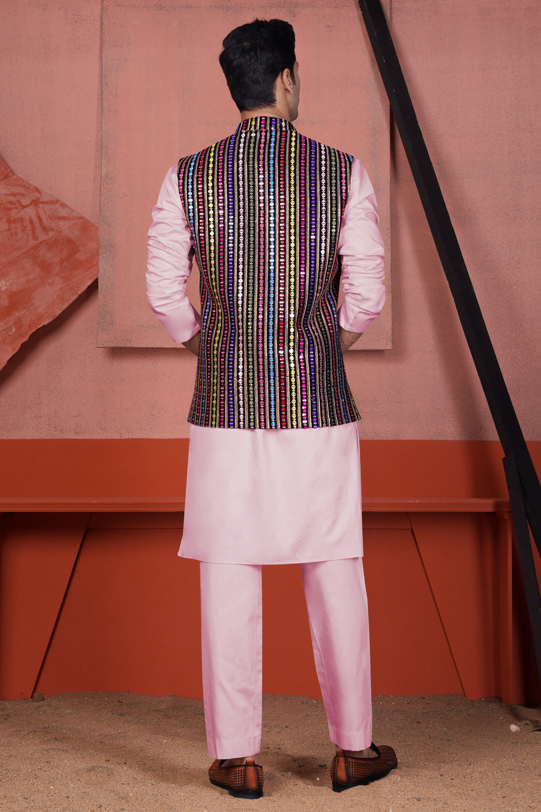 Ebony Blue and Cerise Pink Textured Premium Polyester Designer Nehru ...