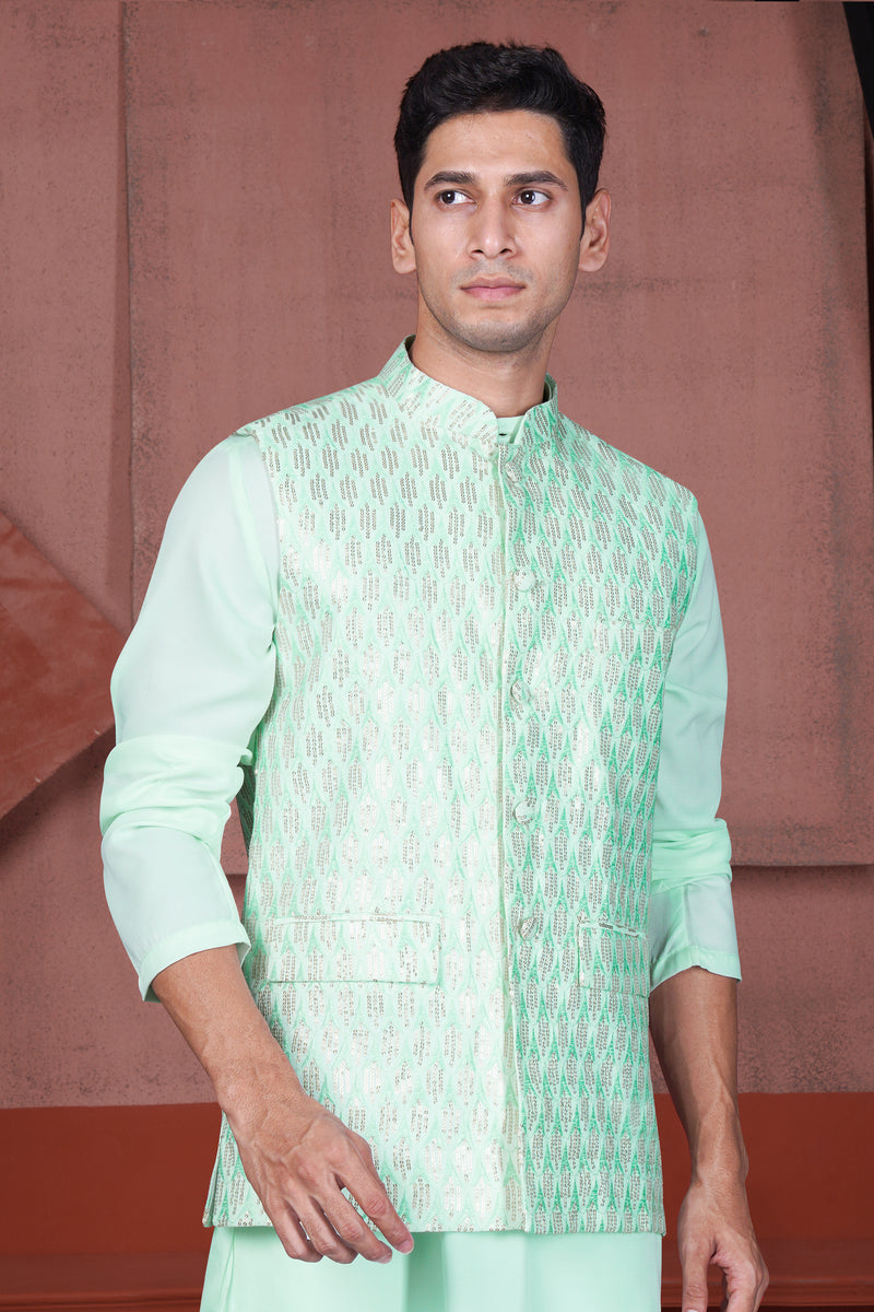Edgewater Green Textured Premium Polyester Designer Nehru Jacket For Men