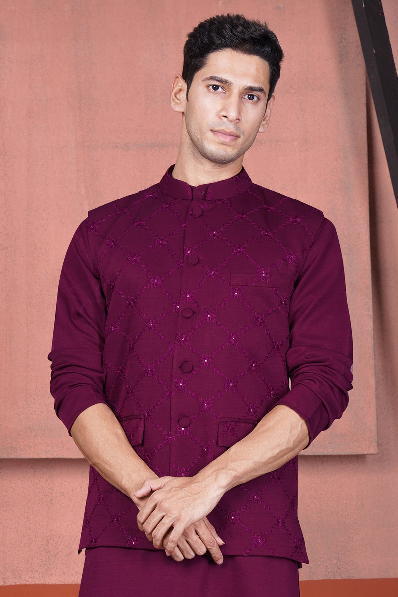 Bordeaux Wine Textured Premium Polyester Designer Nehru Jacket For Men