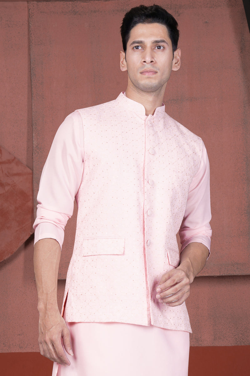 Blush Peach Textured Premium Polyester Designer Nehru Jacket For Men