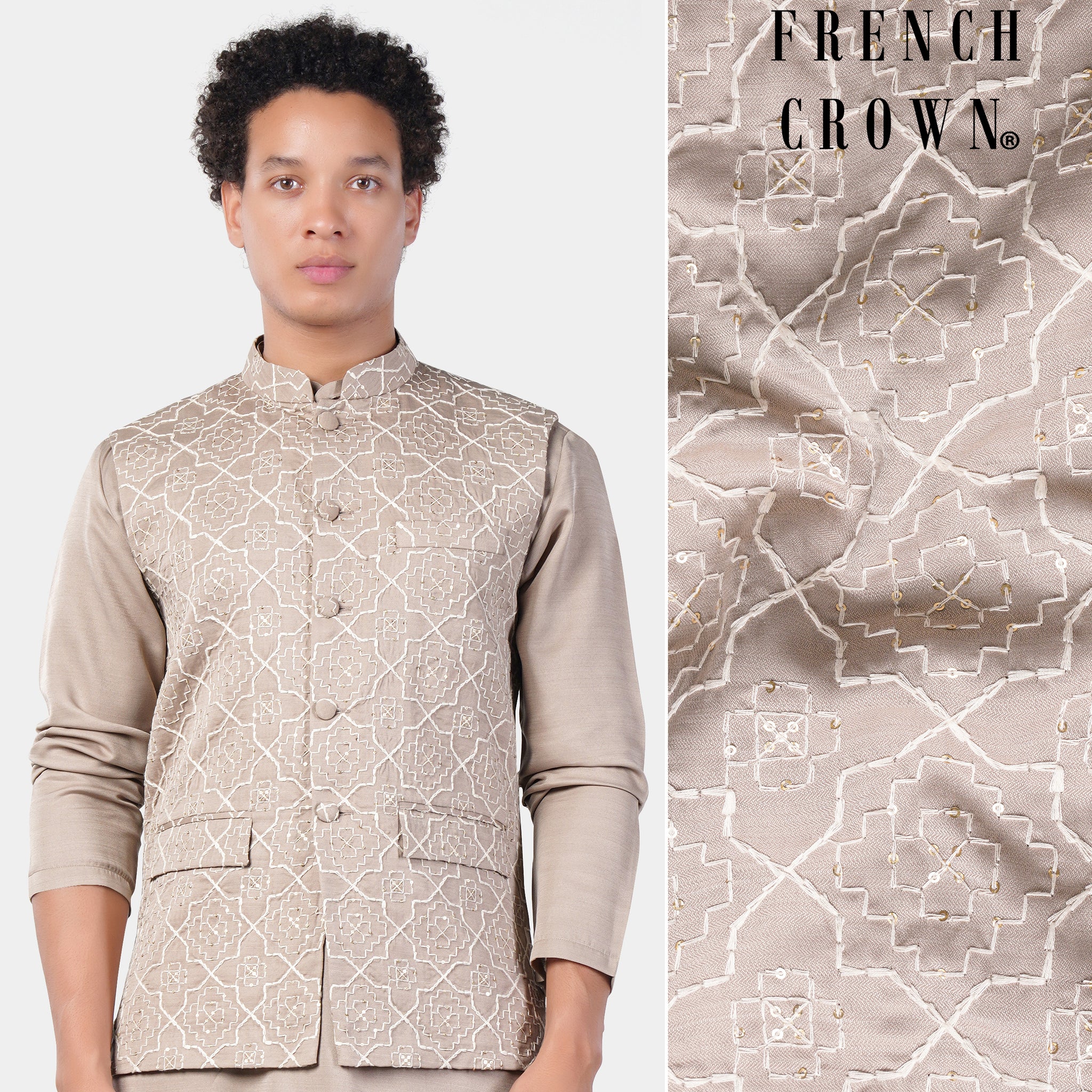 Chalice Brown and White Textured Premium Polyester Designer Nehru ...