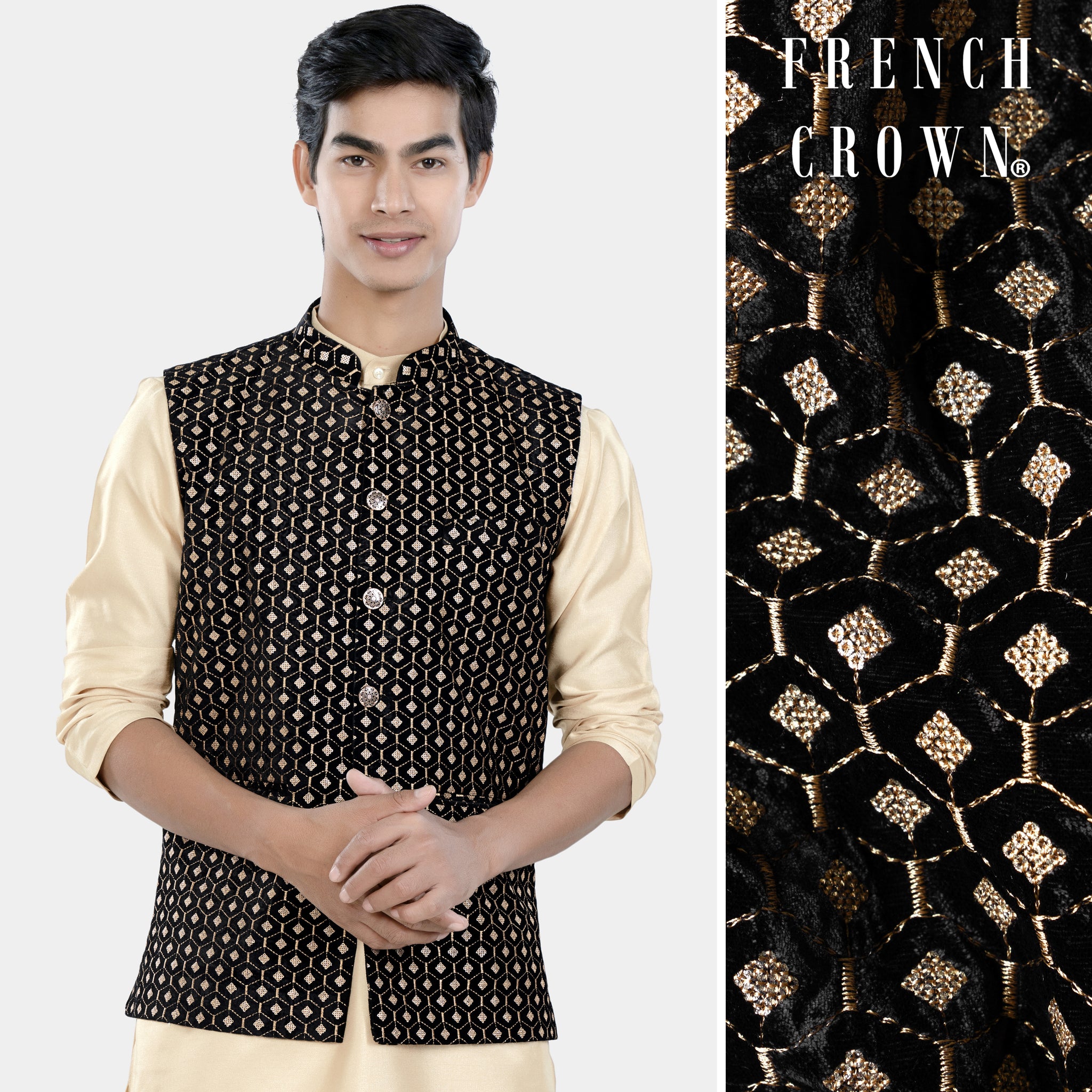 Jade Black and Fawn Brown Hexagon Thread and Sequin Embroidered ...