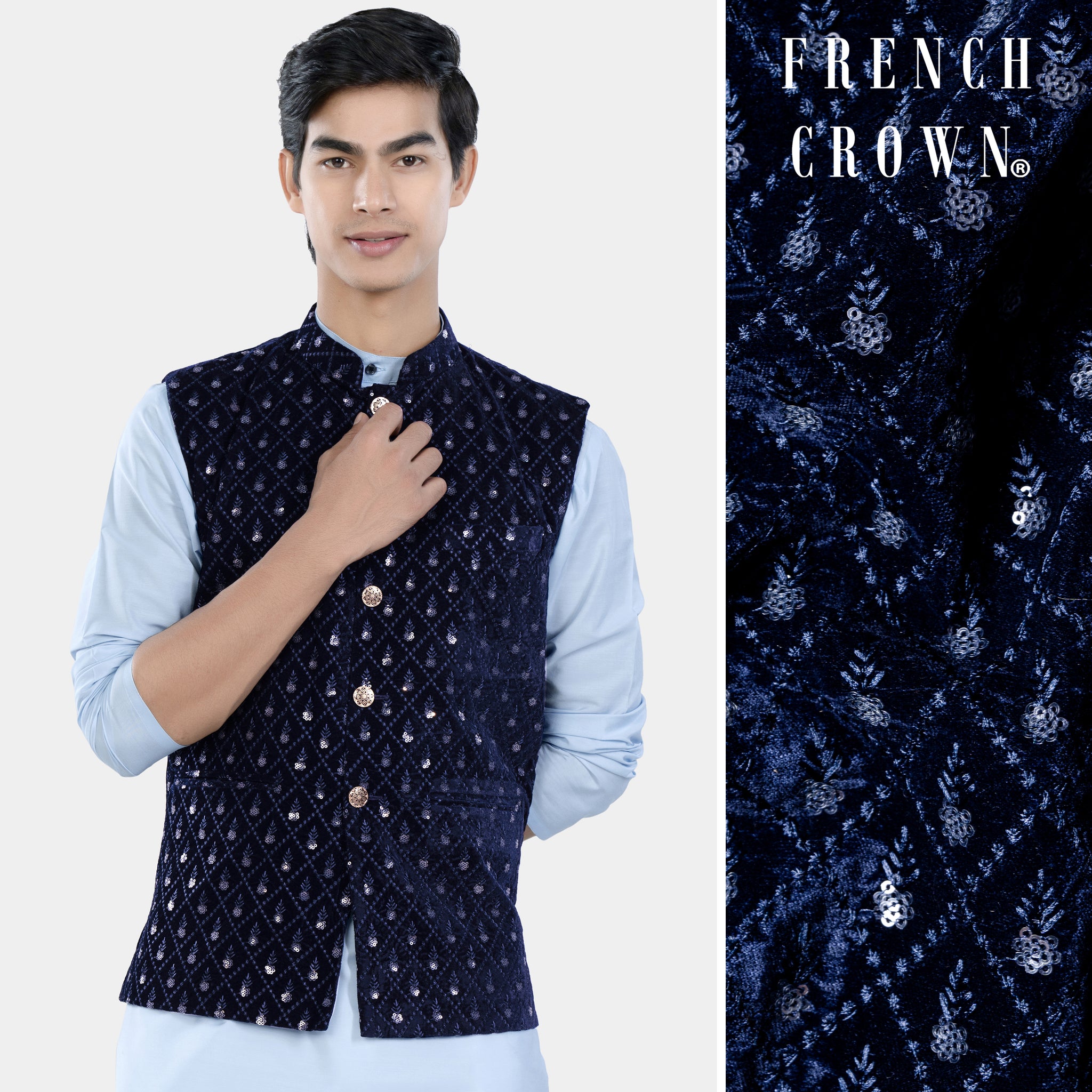 Haiti and Rhino Blue Geometric Thread and Sequin Embroidered Textured ...