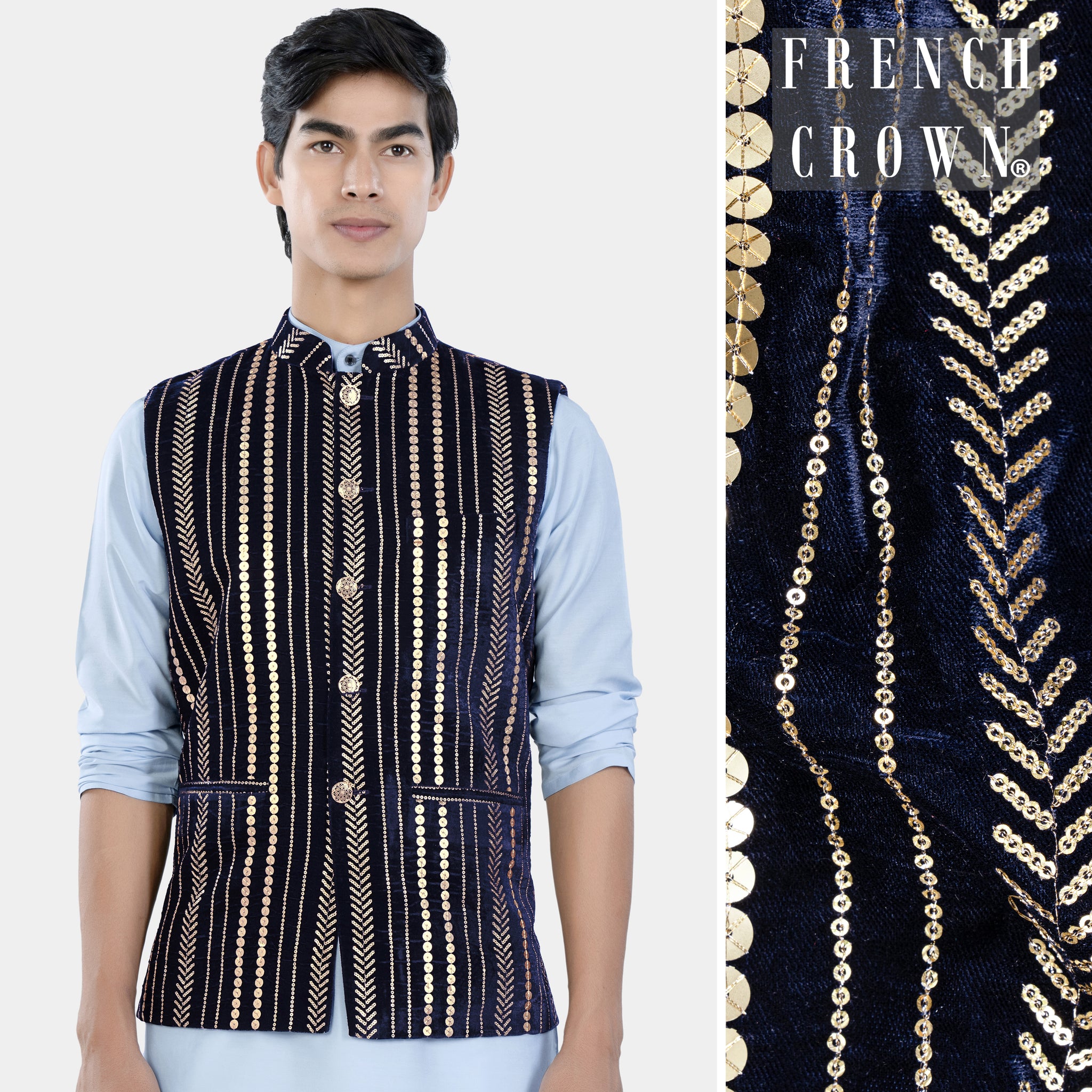Stratos Blue Vertical Sequin Embroidered Textured Premium Polyester ...