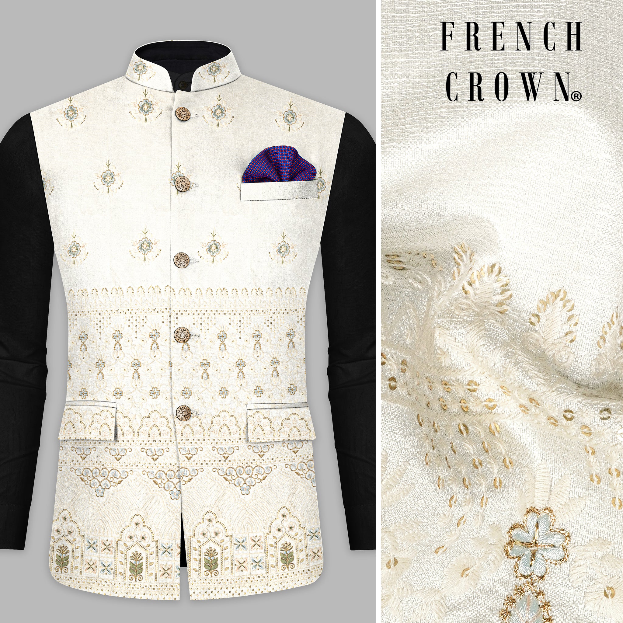 Eggshell Cream and Casper Blue Floral Thread Textured Premium Polyester ...