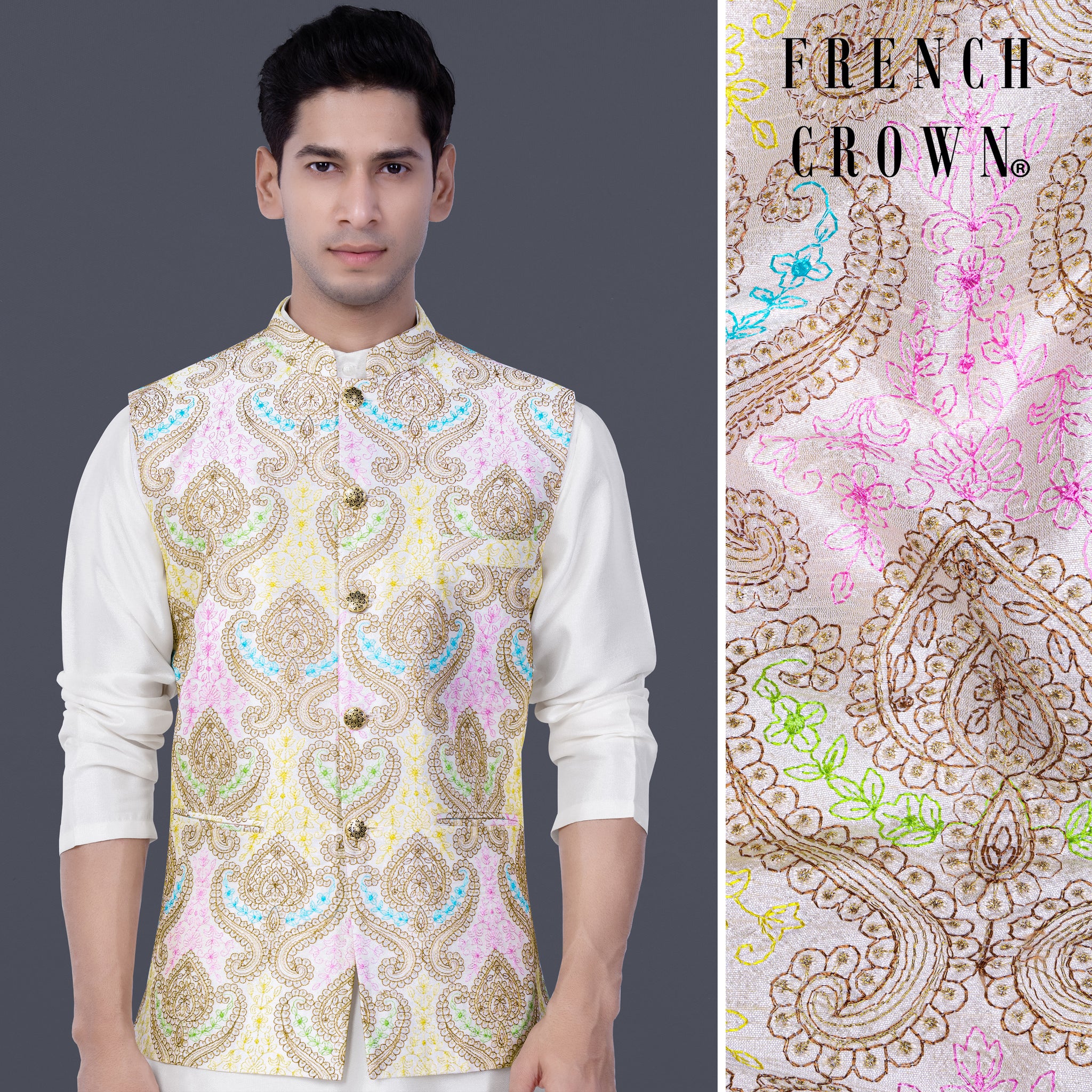 Neon Fuchsia Pink And Starship Yellow MultiColour Embroidered Textured ...
