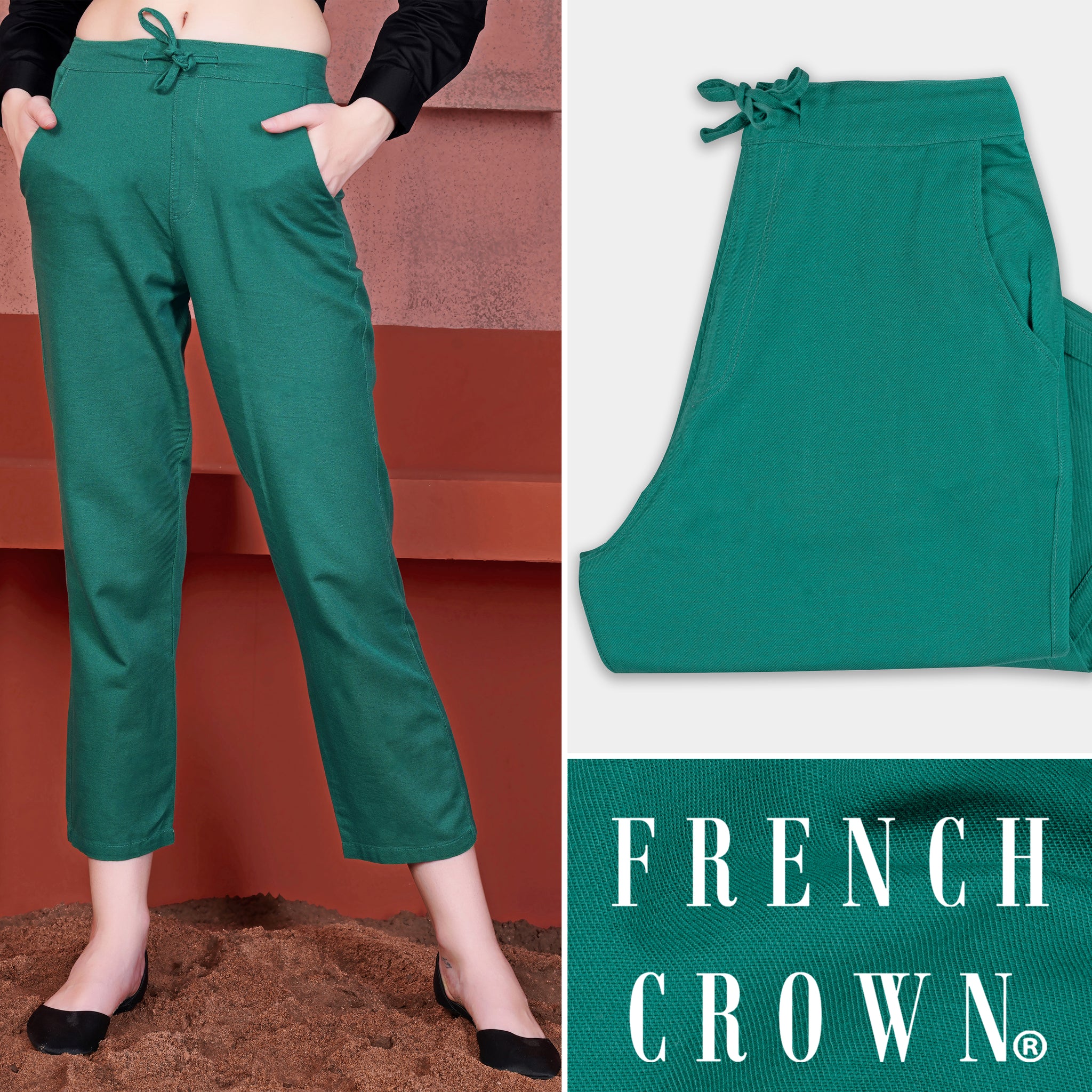 Cyan Green Plain-Solid Regular Fit Cotton Pant For Women