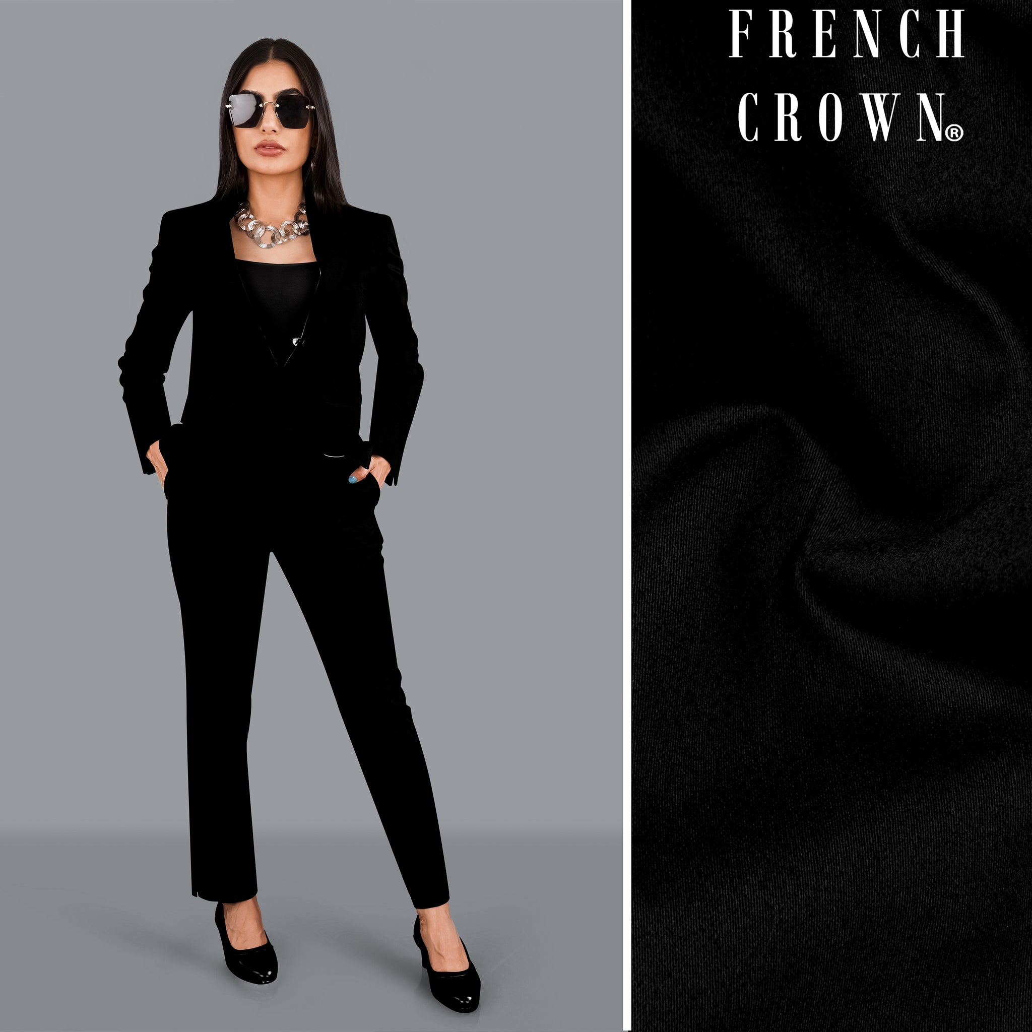 Jade Black Plain-Solid Premium Cotton Single-Breasted-Suits for Women.