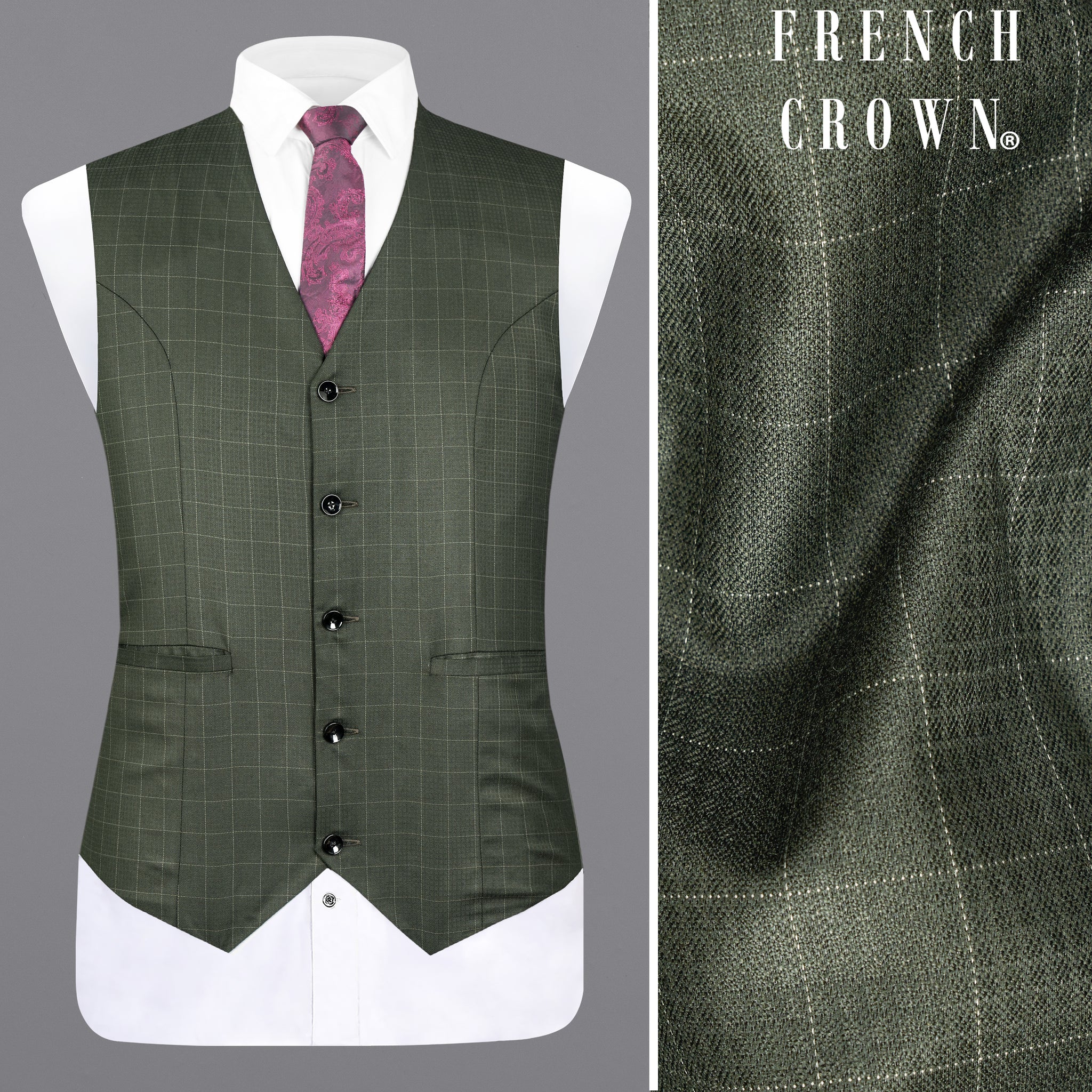 Dune Dark Green Checks-Plaid Premium Terry Rayon Wedding Waistcoats For ...