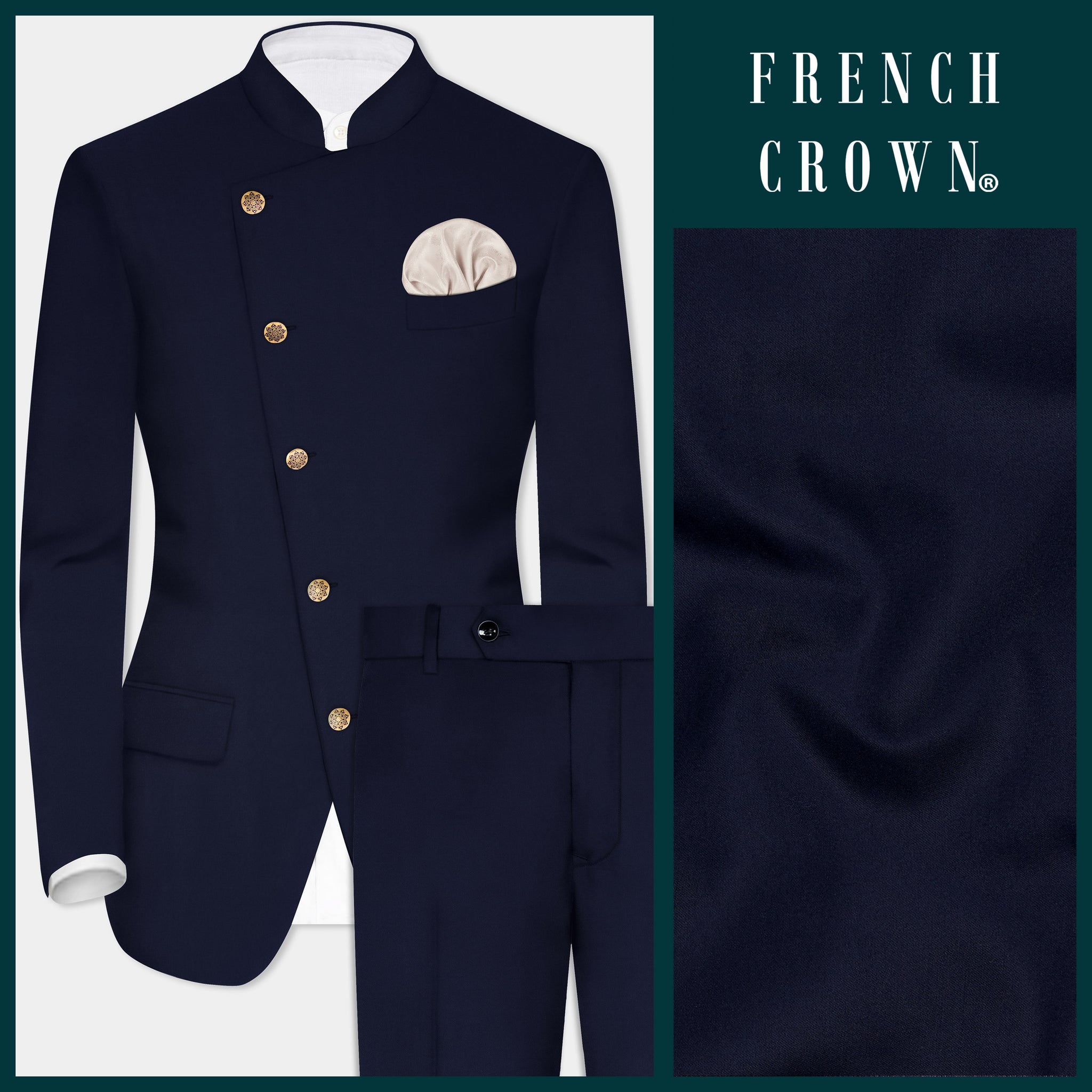 Navy Plain-Solid Cross Buttoned Premium Wool-Blend Suits For Men