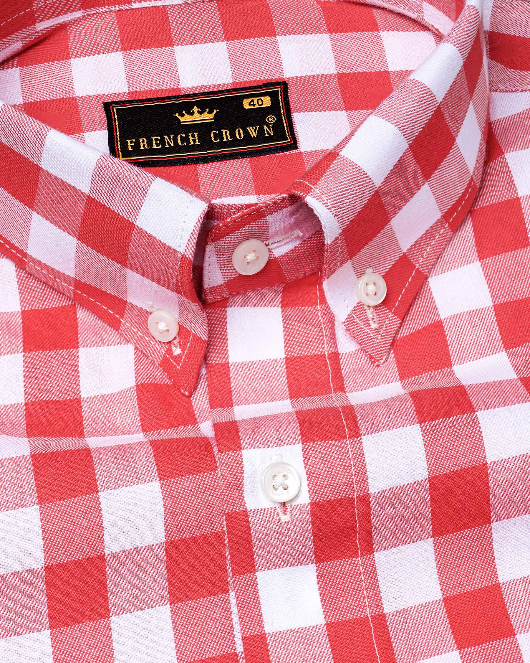 Bright White and Mahogany Red Casual Checks-Plaid Premium Cotton Button ...