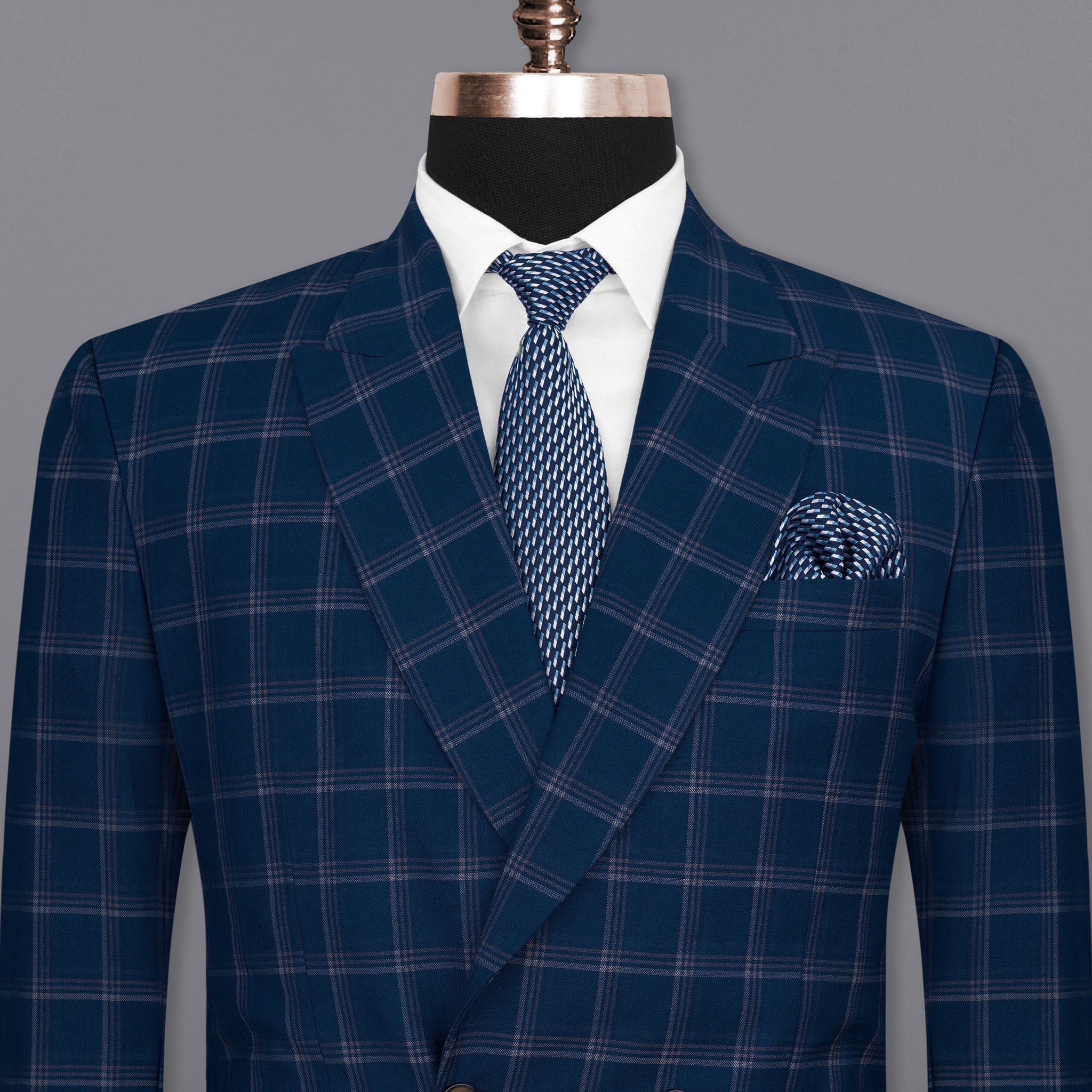 Cloud Burst Blue Checks-Plaid Double Breasted Premium Wool Blend ...