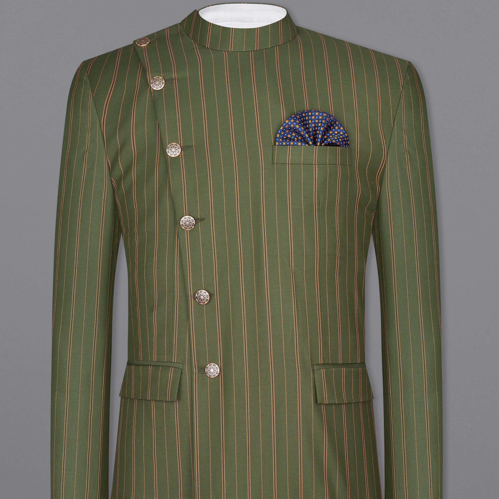 Vampire Green Stripes Premium Terry Rayon Bandhgala/Jodhpuri Blazers ...