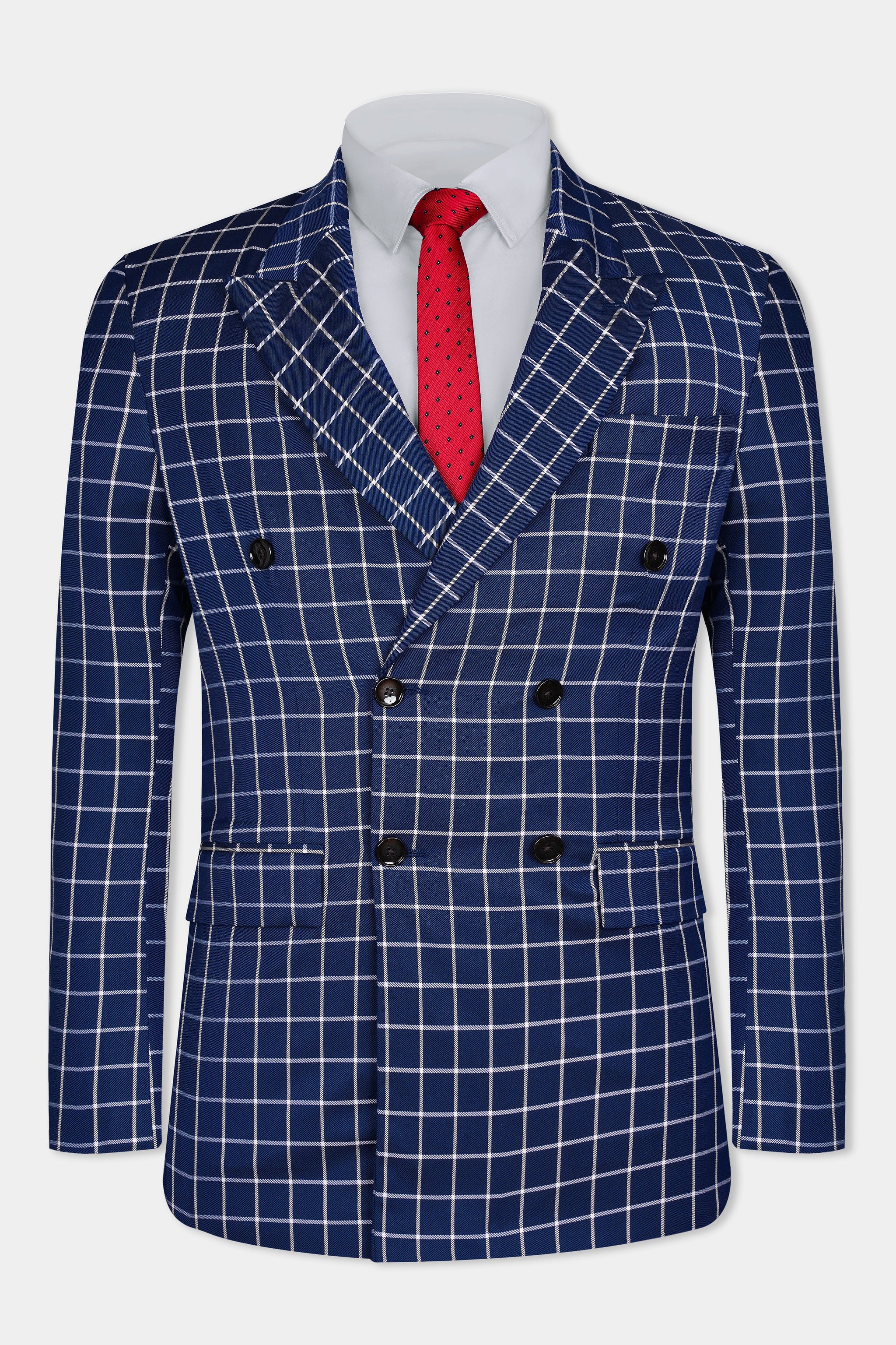 Marine Blue and White Checks-Plaid Premium wool blend Double Breasted ...