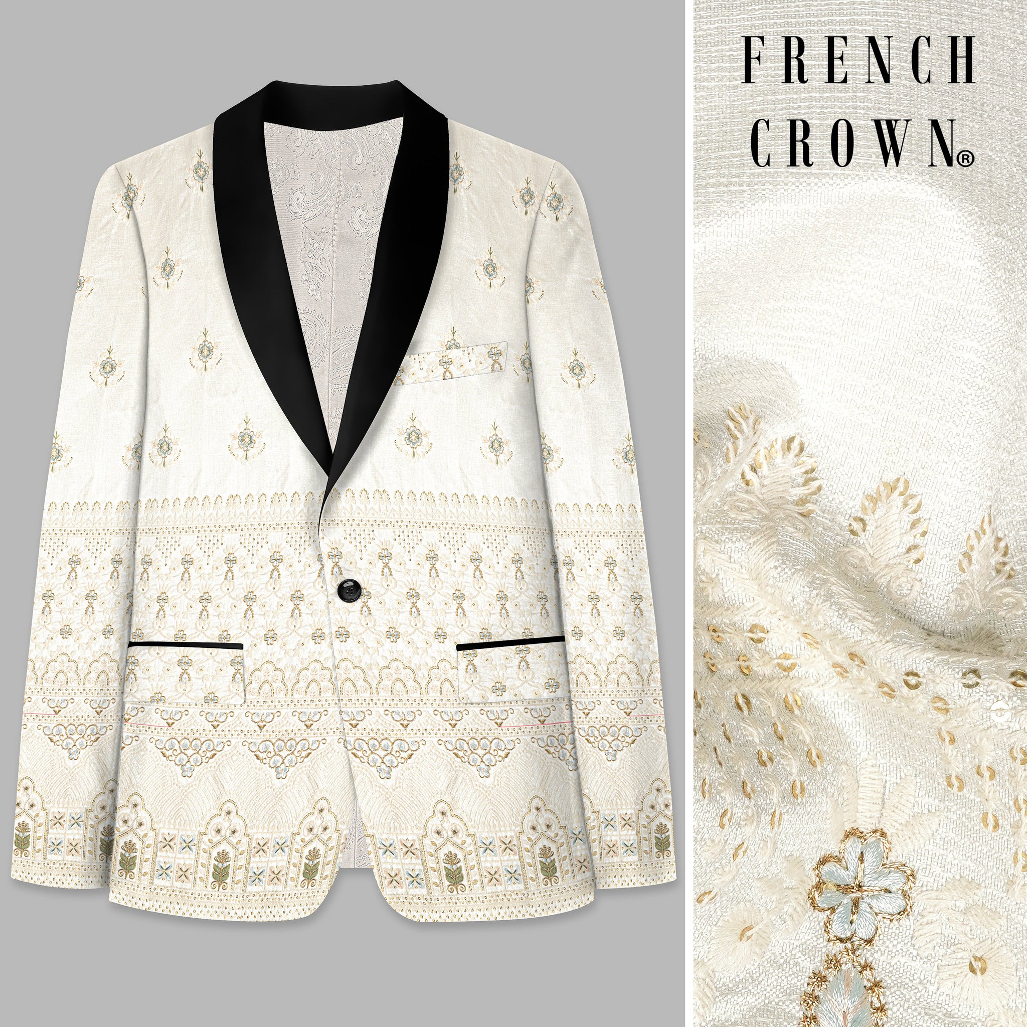Eggshell Cream and Casper Blue Floral Thread Textured Premium Polyester ...