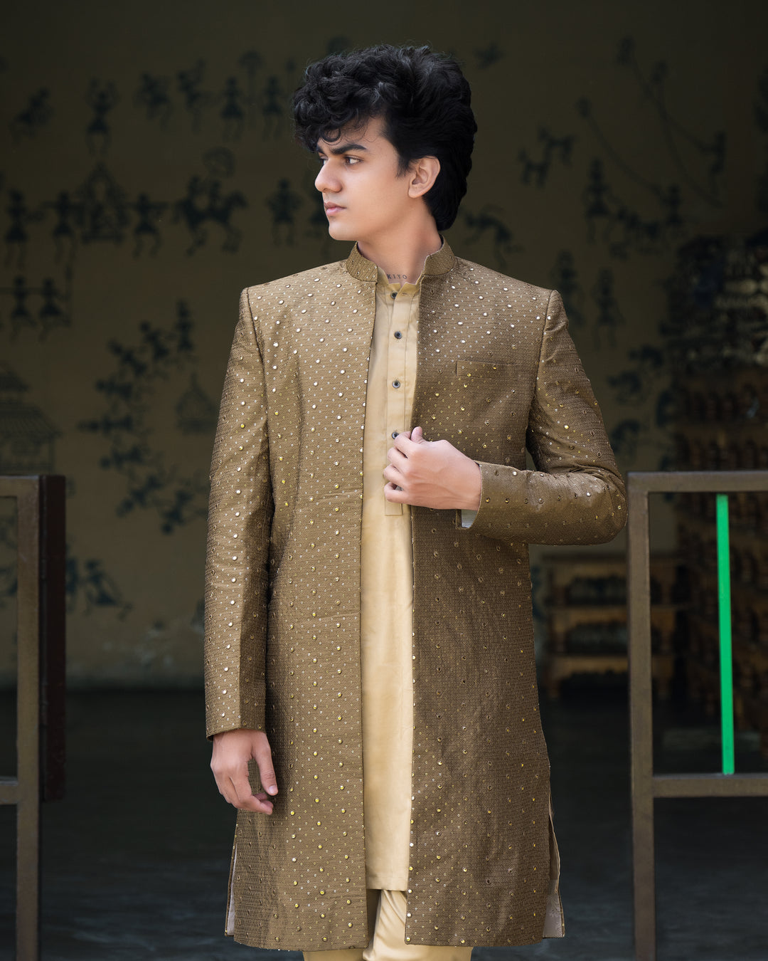 Dark Taube Brown Textured Premium Polyester Bandhgala/Indowestern Suit ...