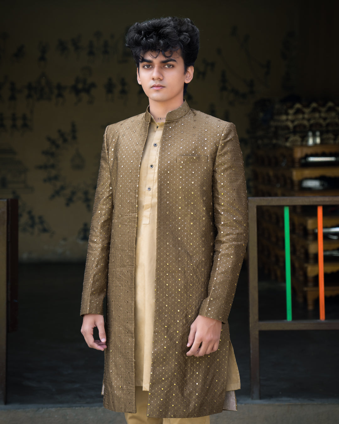 Dark Taube Brown Textured Premium Polyester Bandhgala/Indowestern Suit ...