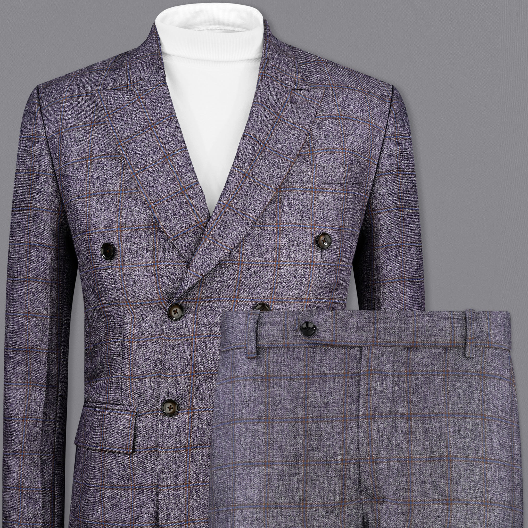 Mobster Gray Checks-PlaidPremium Terry Rayon Double-Breasted-Suits for Men.