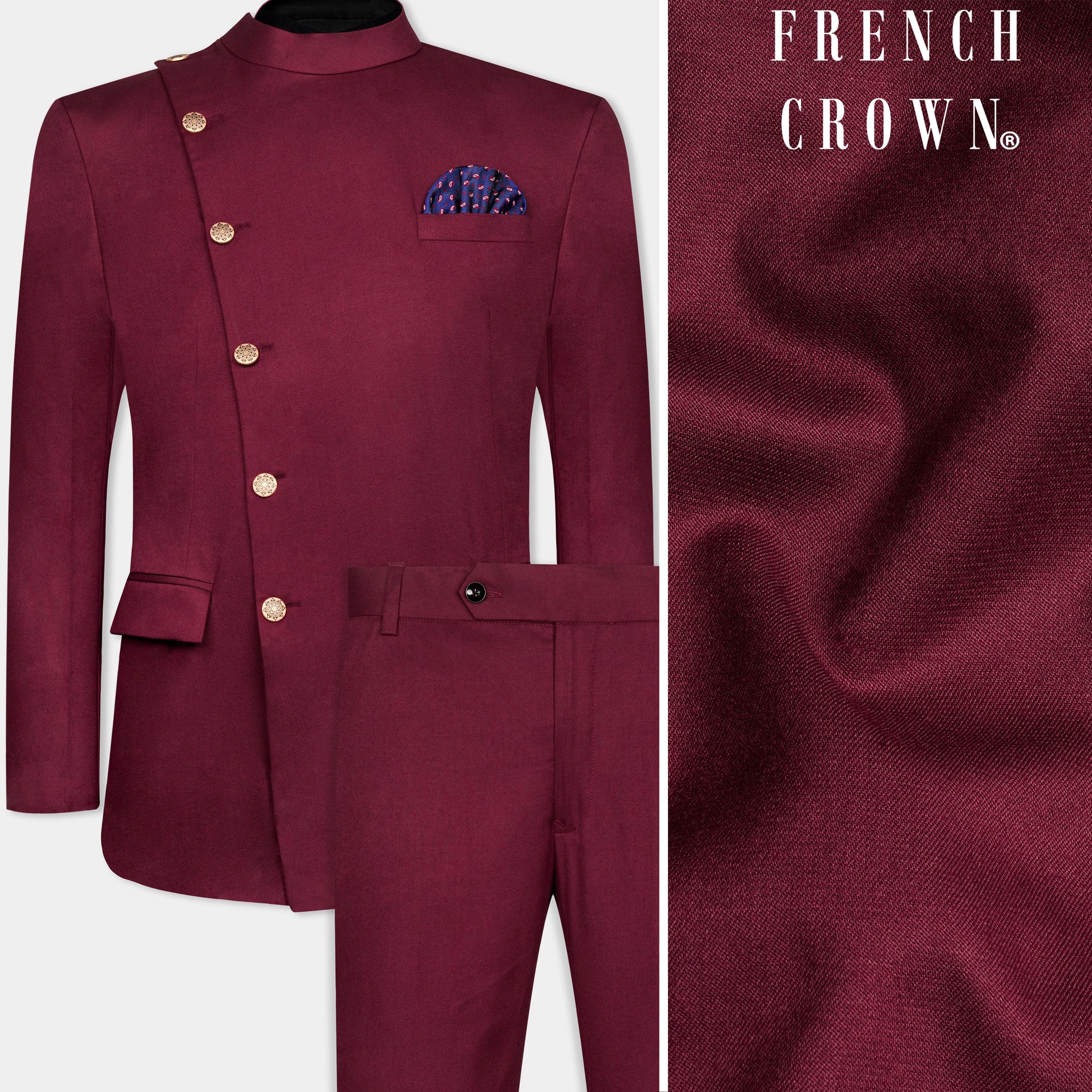 Bordeaux Maroon Plain-Solid Premium Wool Blend Bandhgala/Jodhpuri Suits ...