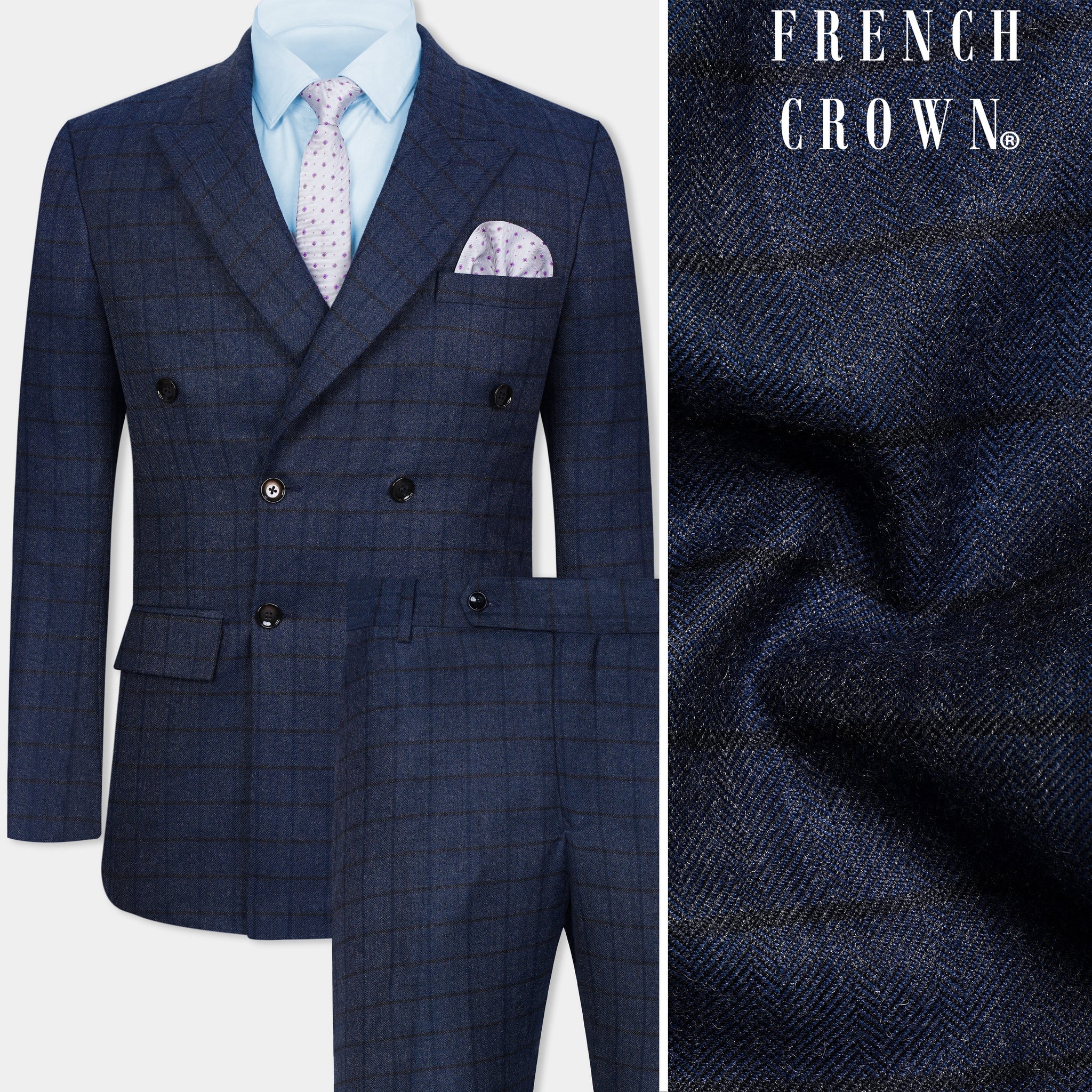 Ebony Clay Blue Checks-Plaid Premium wool blend Double Breasted Suit ...