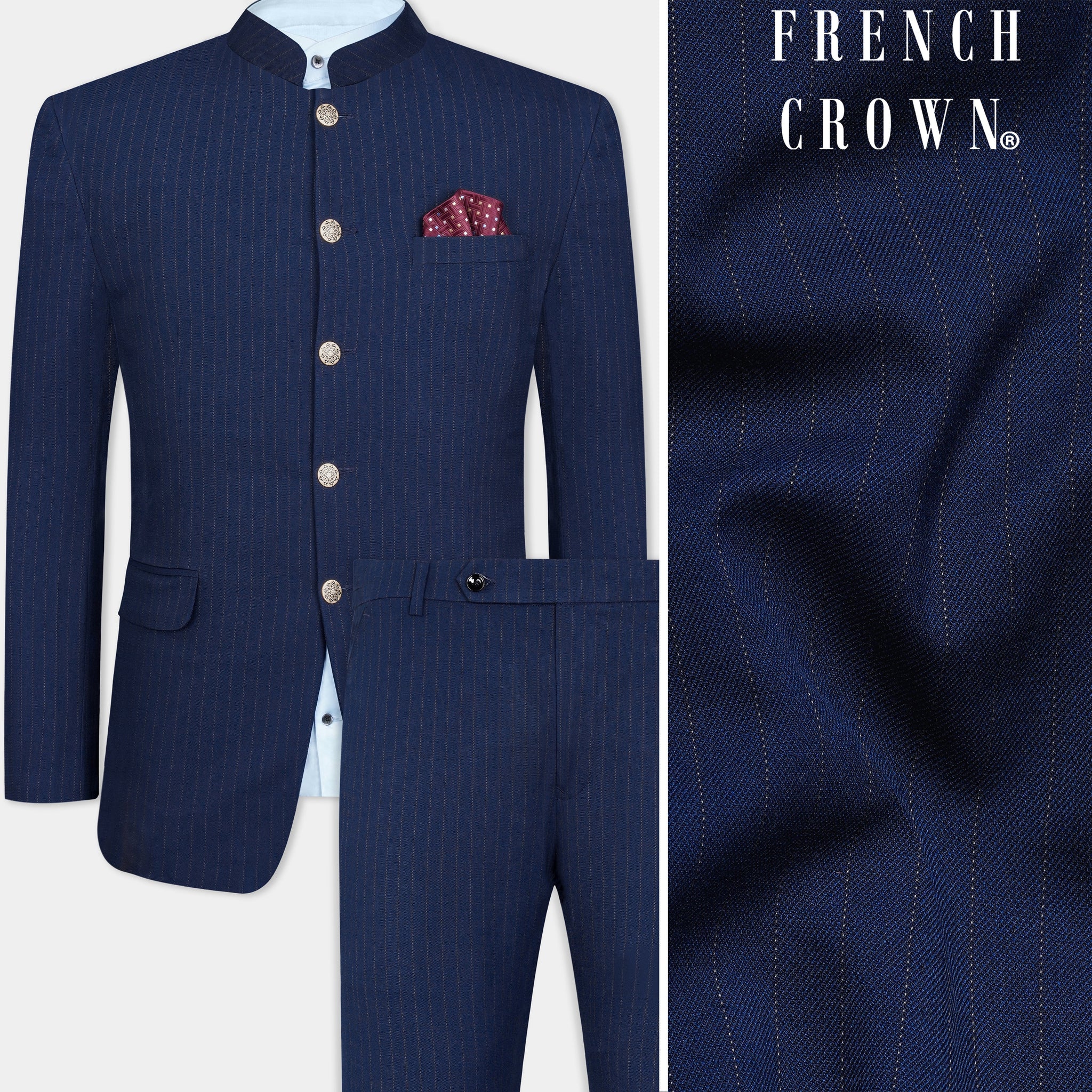 Ebony Clay Blue Stripes Premium Cotton Bandhgala/Jodhpuri Suits for Men.