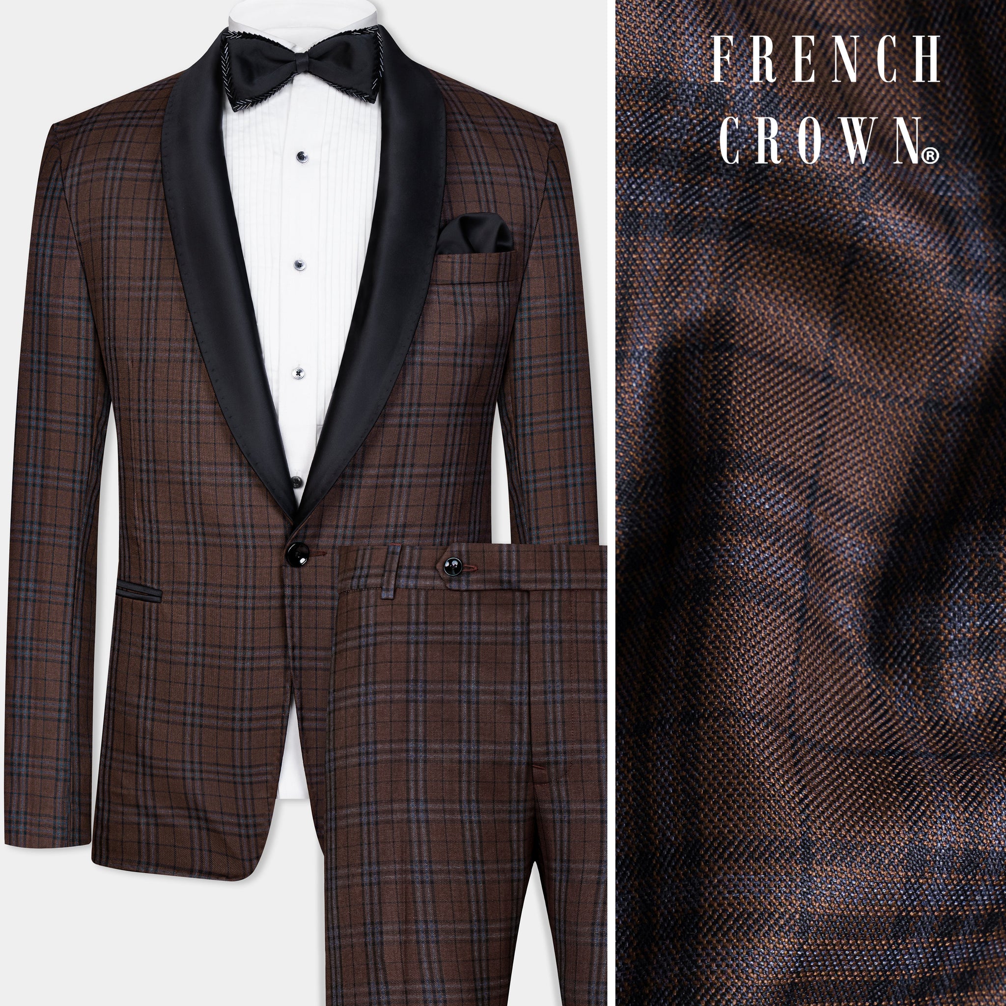 Gingerbread Brown and Haiti Blue Checks-Plaid Premium Wool Blend Tuxedo ...